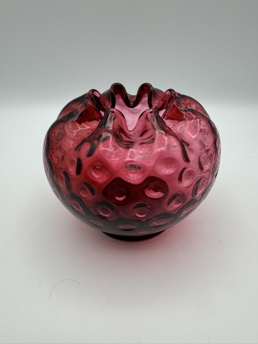 Fenton Cranberry Glass Rose Bowl Vase Inverted Coin Dot & Pinched ...