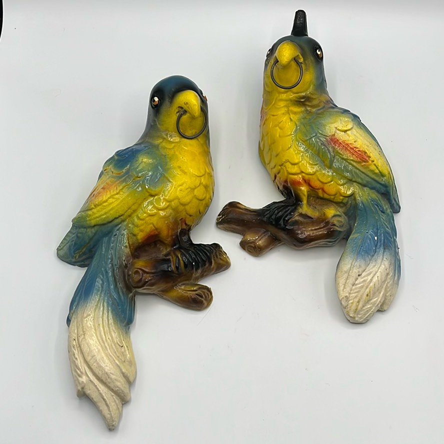 Pair Parrot Vintage Chalkware Wall Hangings
