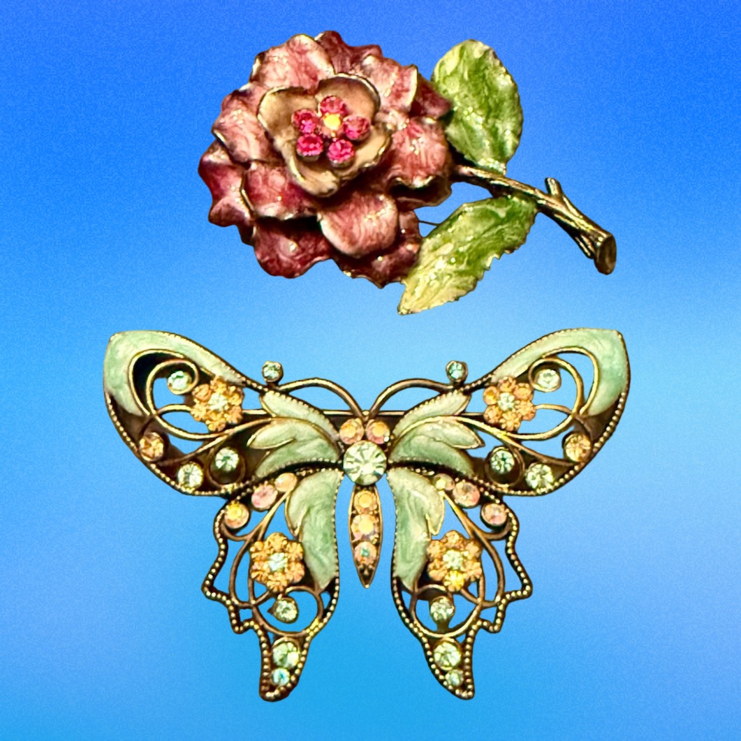 #01 - Dynamic Duo Enamel & Rhinestone Brooch Butterfly & Flower