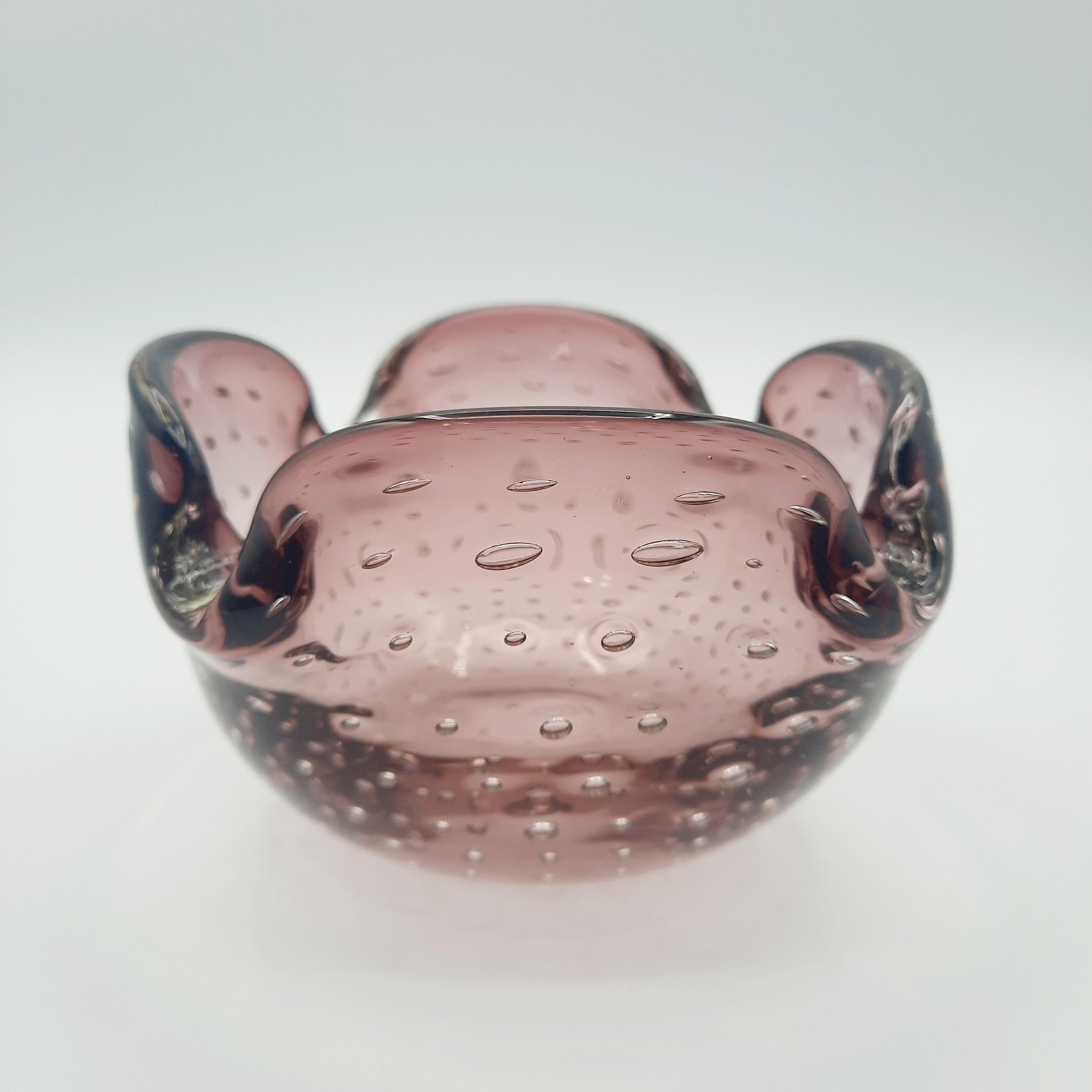 Art Glass Purple Plum Trinket Dish Bowl Controlled Bubbles Scalloped Rim