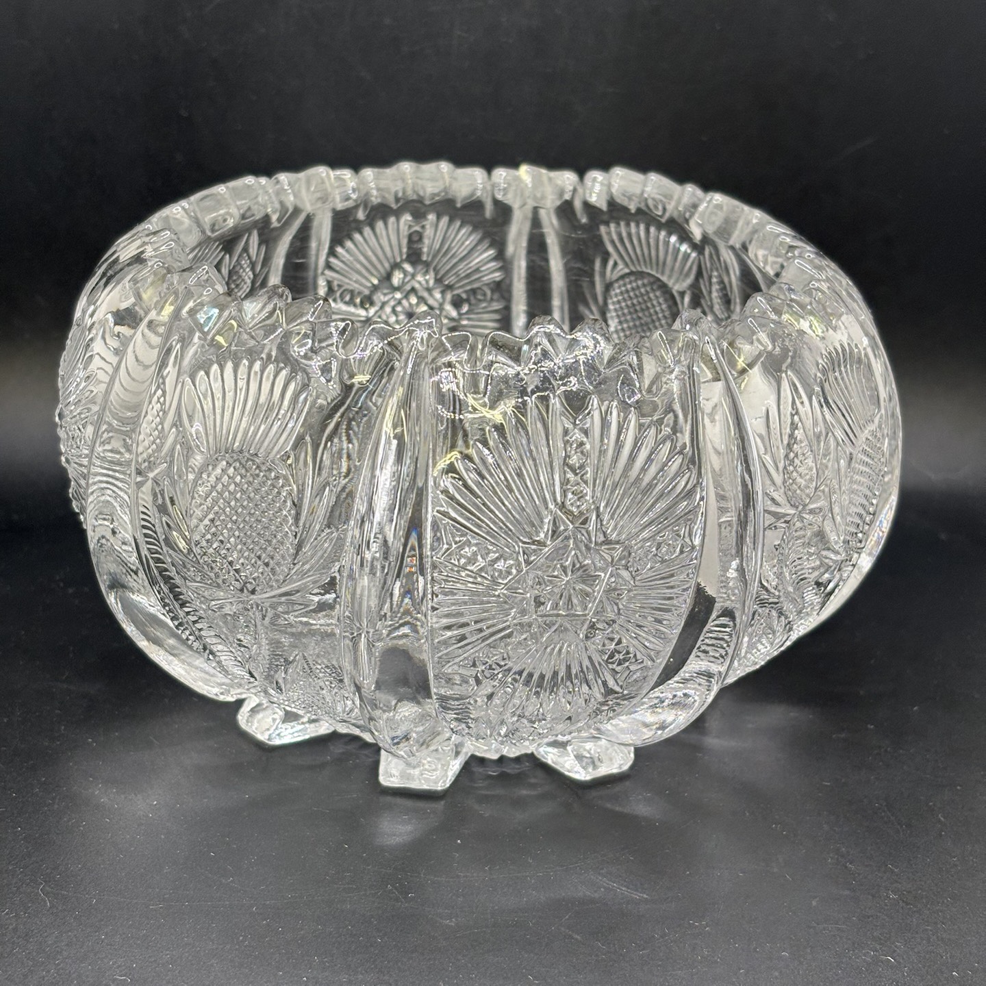 EAPG Paneled Thistle Star of David Pinwheel Glass Footed Rose Bowl 4”