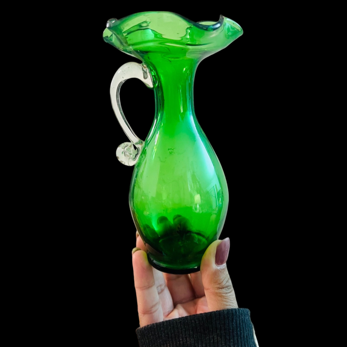 Hand Blown Emerald Green Glass Ruffled Vase Applied Clear Handle Pontil