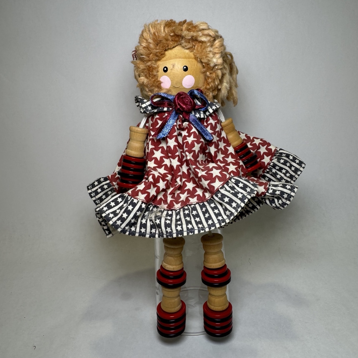 14G. Red White Blue Button Spool Doll Girl Hand Painted Face Shelf ...