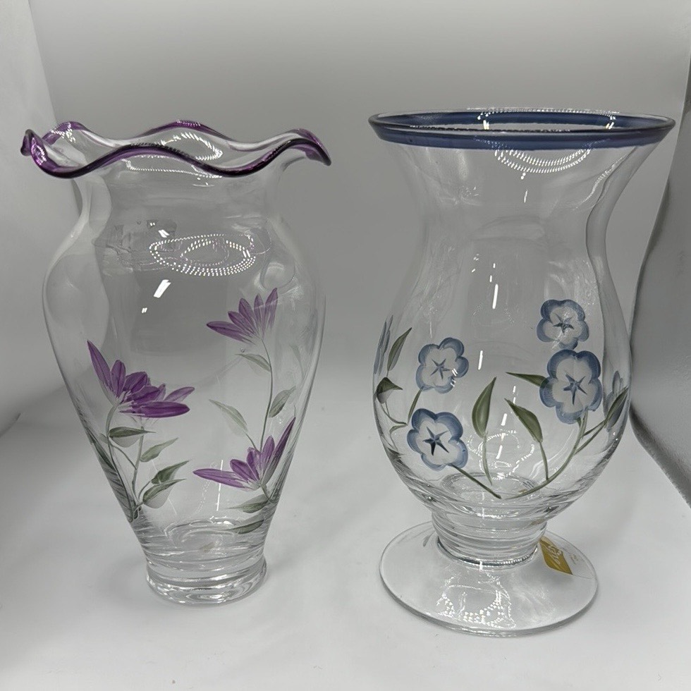 Lenox Floral Spirit Crystal Vase Hand Cut & Painted Purple and Blue Set ...