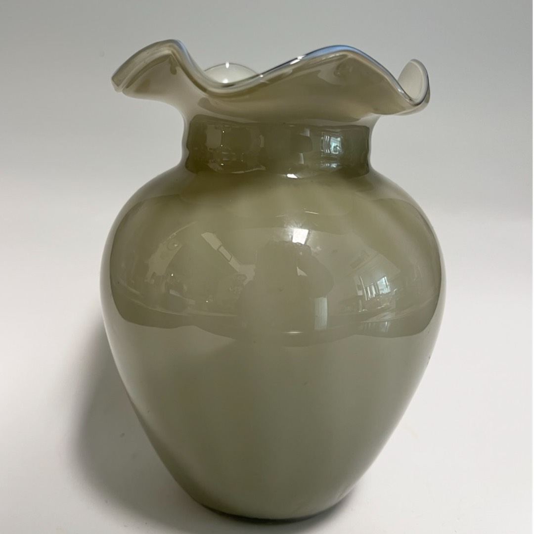 Handblown Cased Glass Smoke-show Vase – Smoky Gray with Ruffled Rim – 5.5”