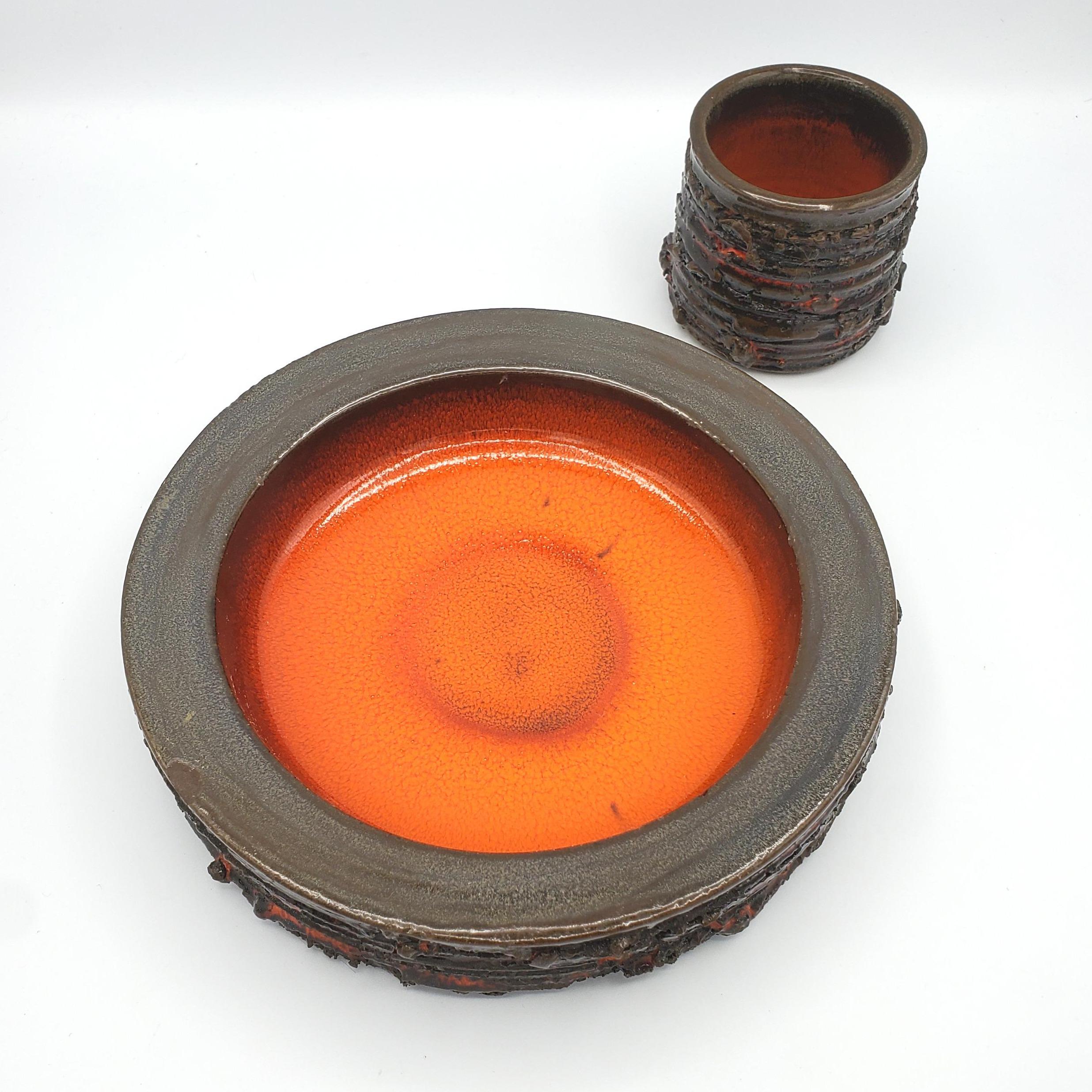 Vintage Glit Lava Pottery Cup And Low Profile Bowl, Iceland, MCM Brutalist