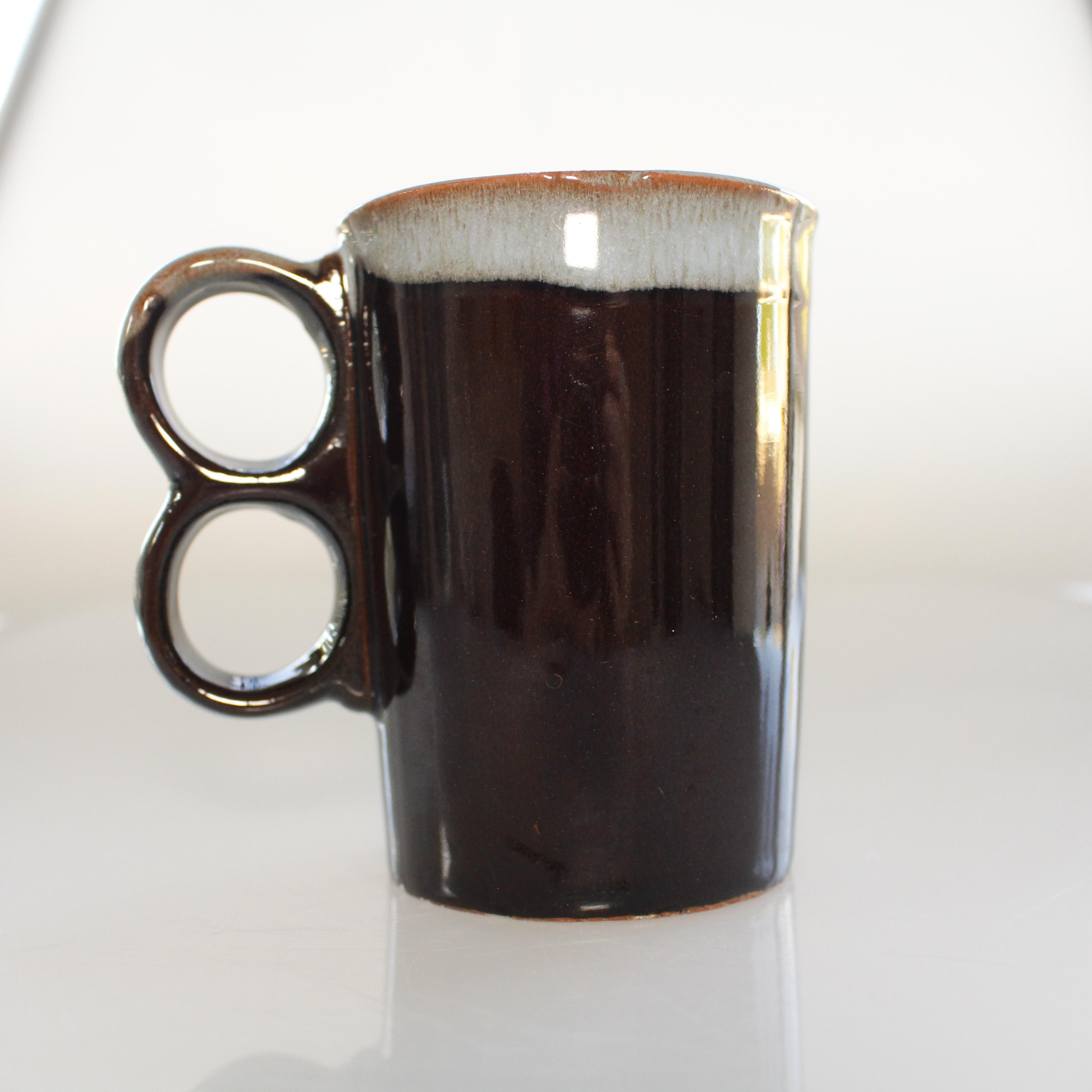 Japan Redware Two Finger Knuckle Grip Mug Blue & Brown Glaze, 12oz