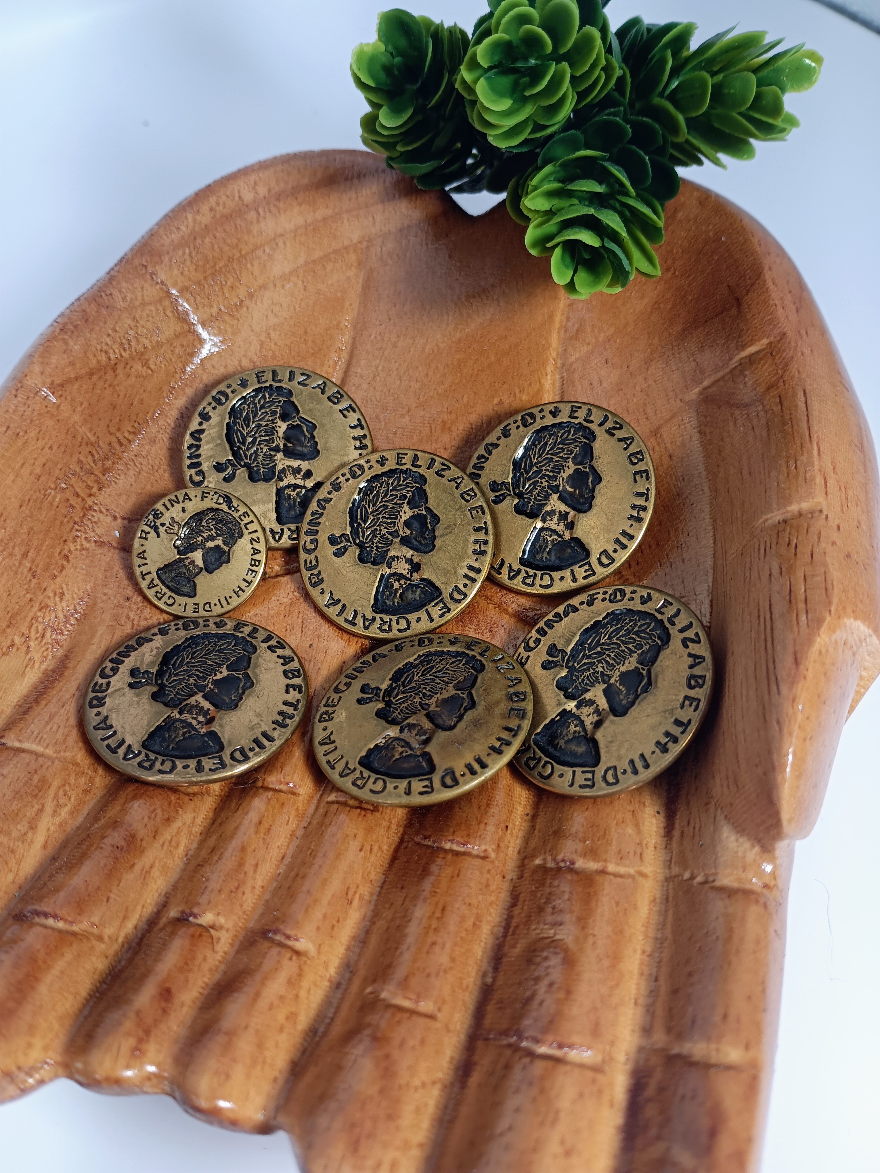 7 Vintage Brass Queen Elizabeth II Buttons