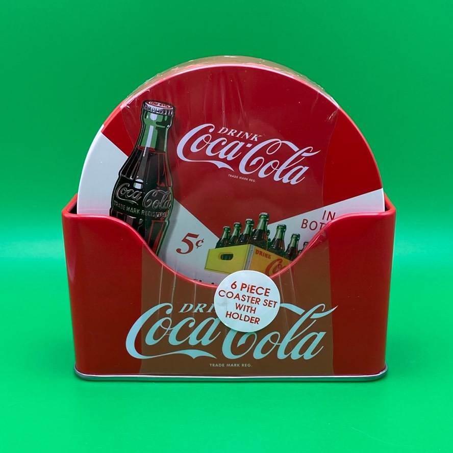 Coca-Cola Tin 6 Piece Coaster Set Cork Backed in Tin Holder Retro Ad ...