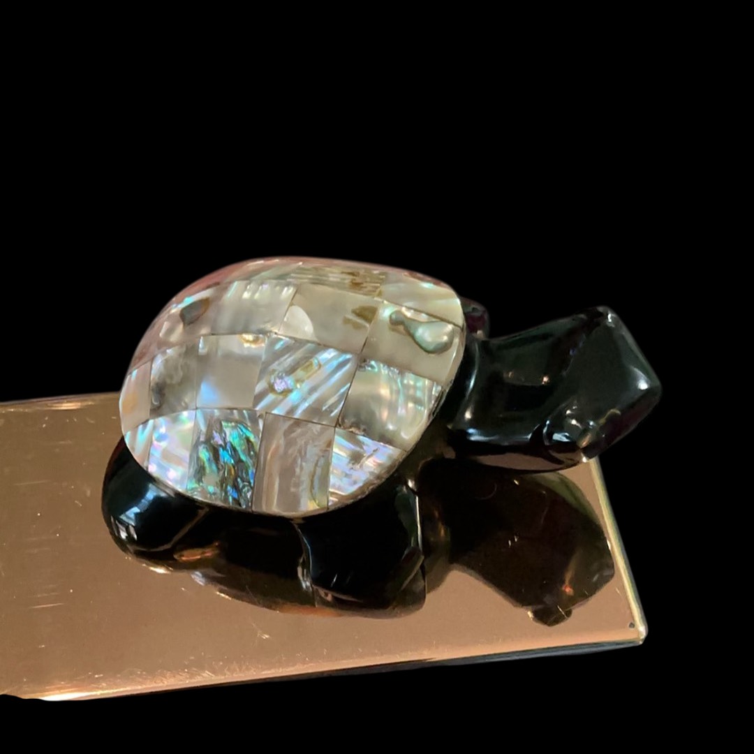 Gorgeous Black onyx & Abalone Turtle. On Heavy Side. Measures 3’1/2L ...