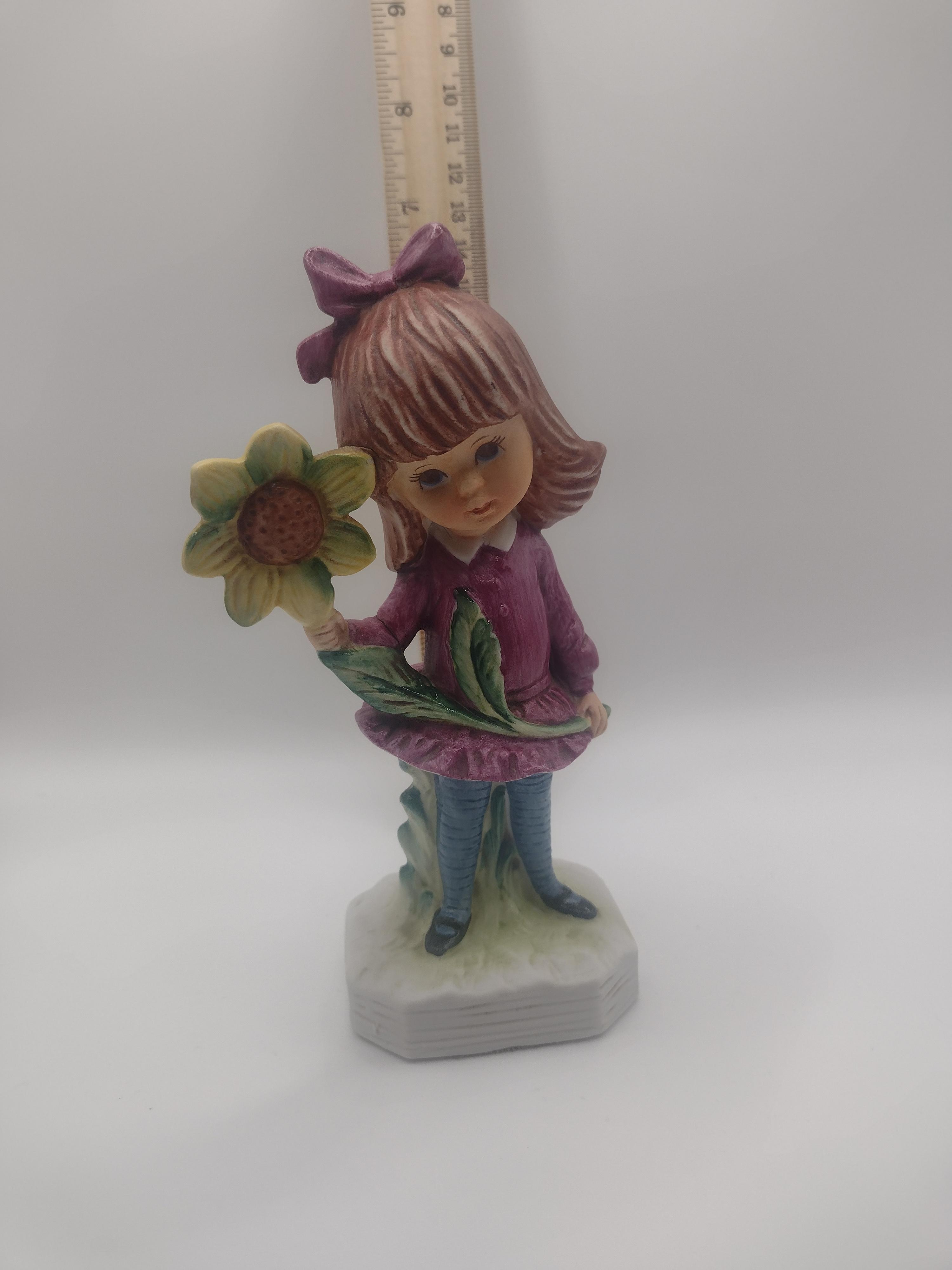 Vintage Ceramic Girl Figurine with Sunflower 1973 Fran Mar Moppets