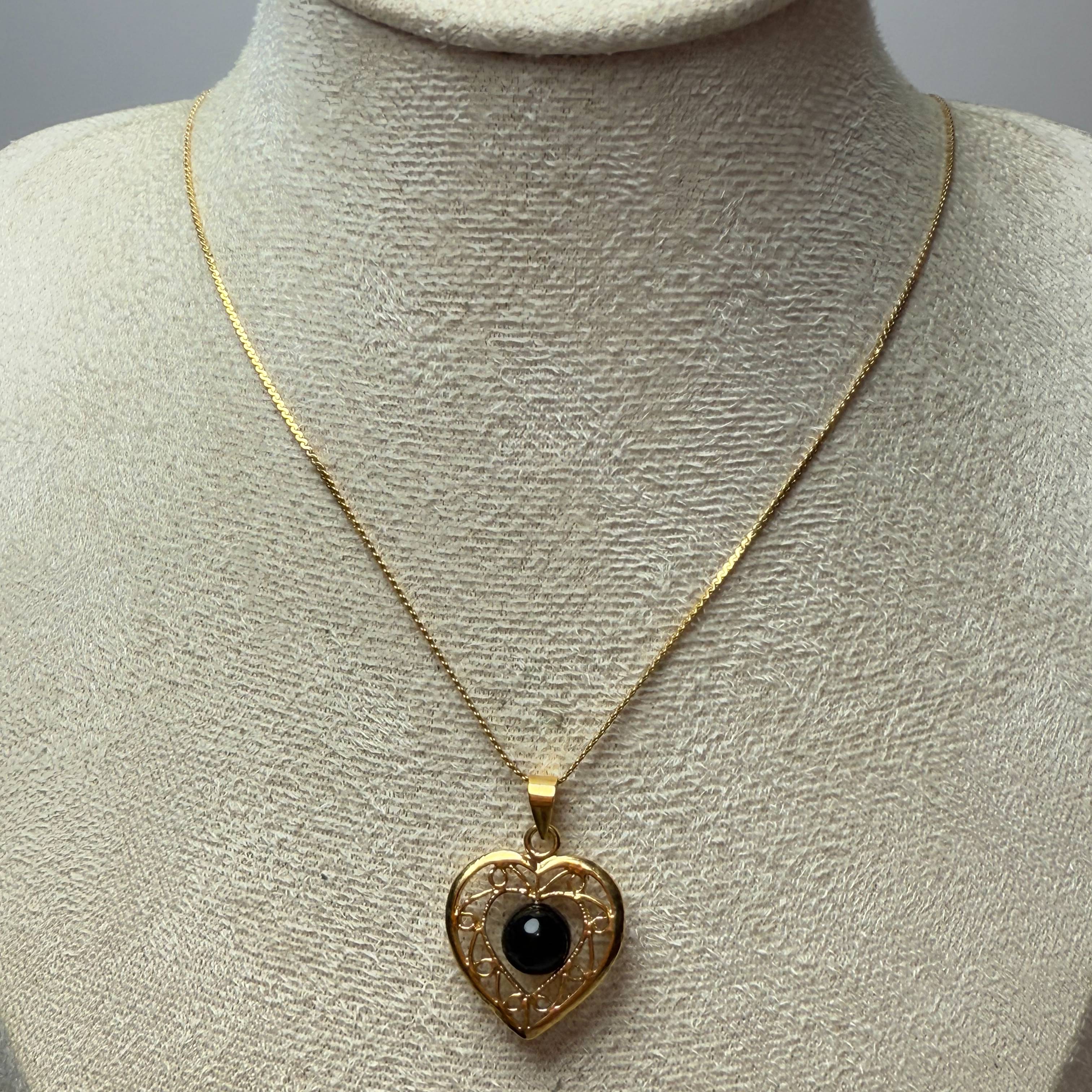 Vintage Merlite 24" Gold Tone Heart Pendant w/ Black Bead on Chain