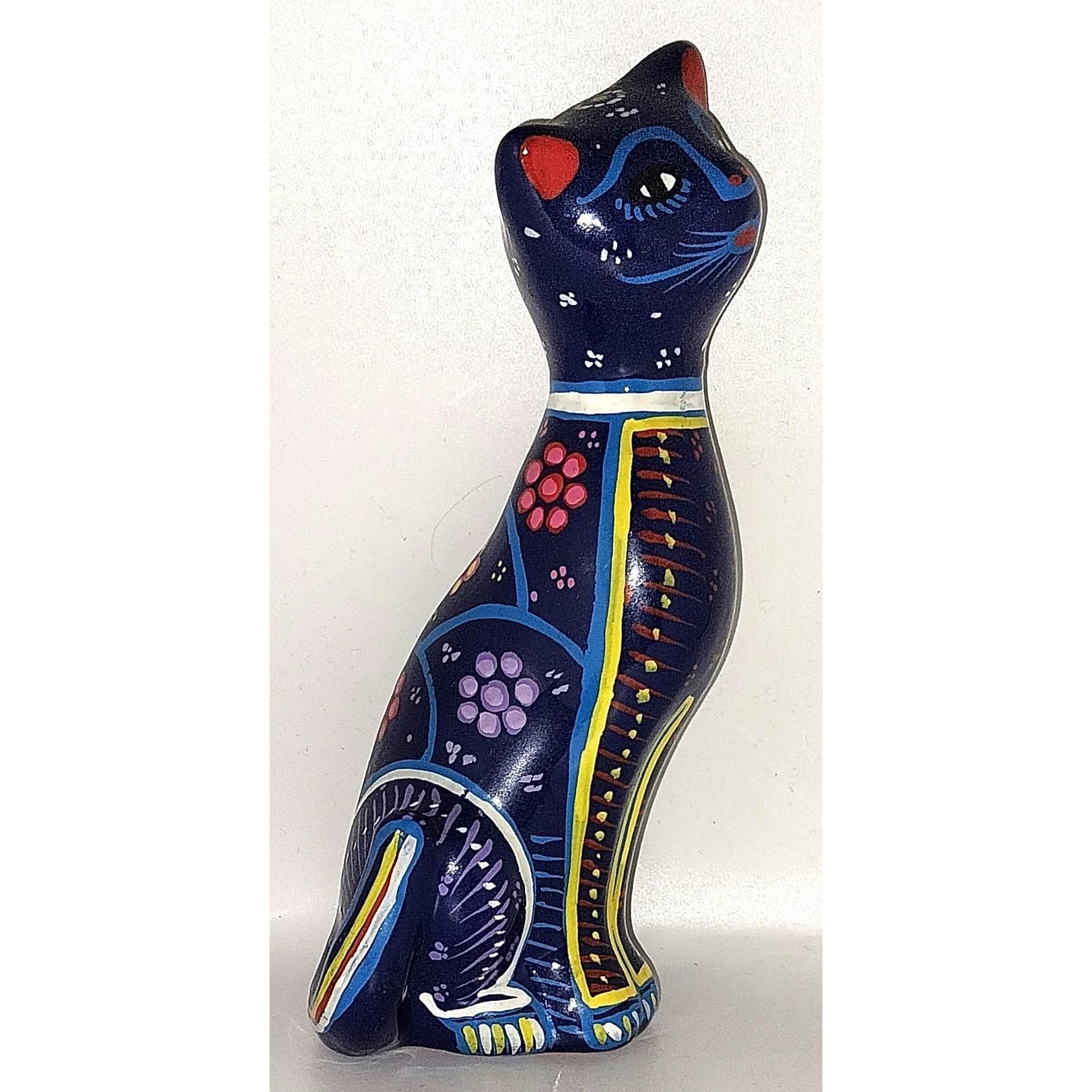MEXICAN TALAVERA CAT HAND PAINTED POTTERY FIGURINE 6.25" H