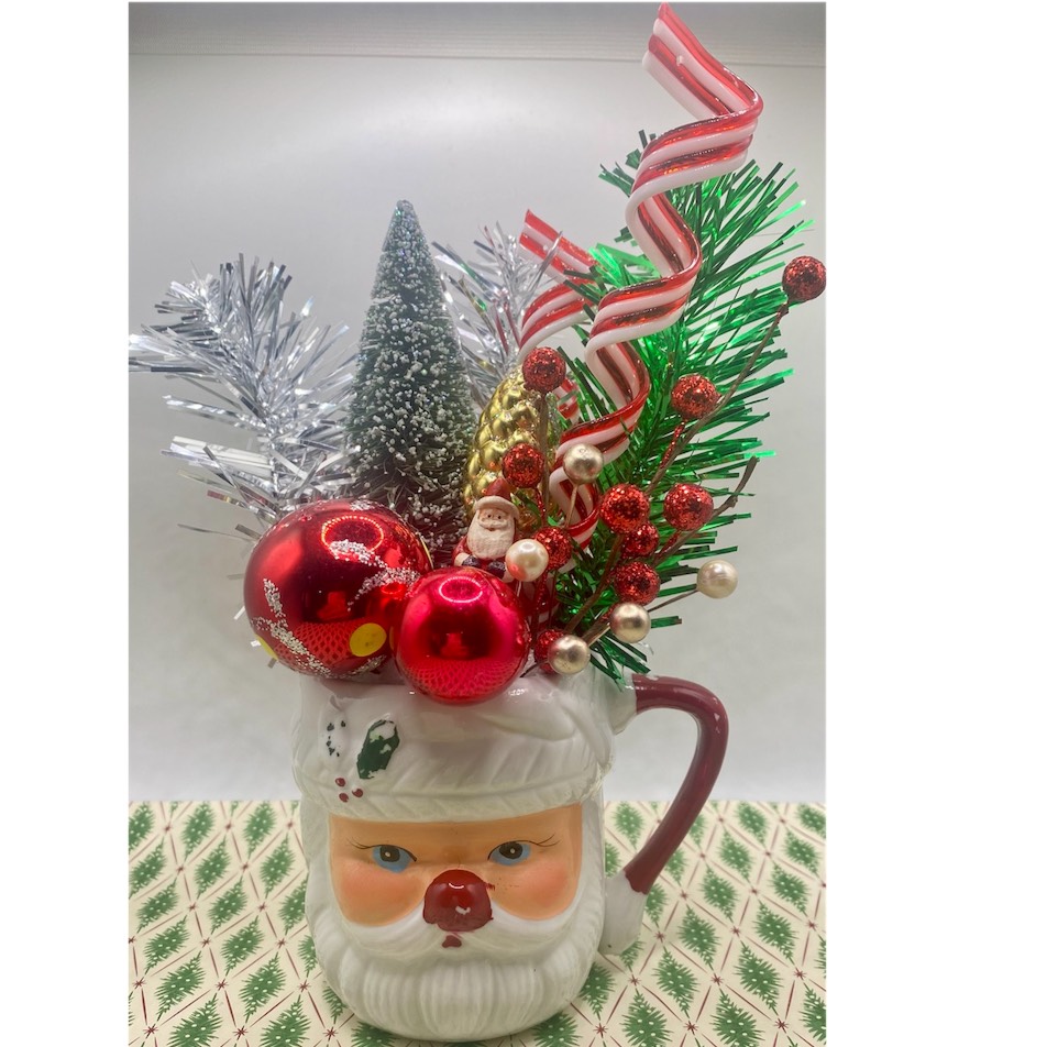 532. Vintage Red Button Nose Santa Mug Assemblage