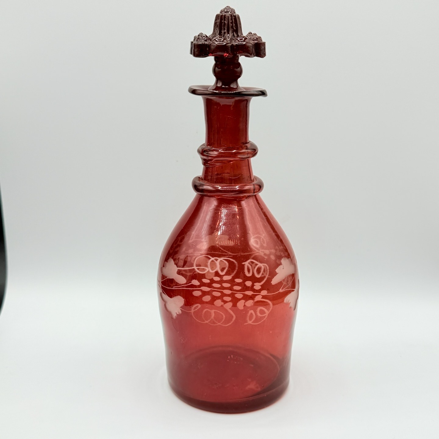 Antique Victorian Etched Ruby Stained Glass Port Decanter c1860