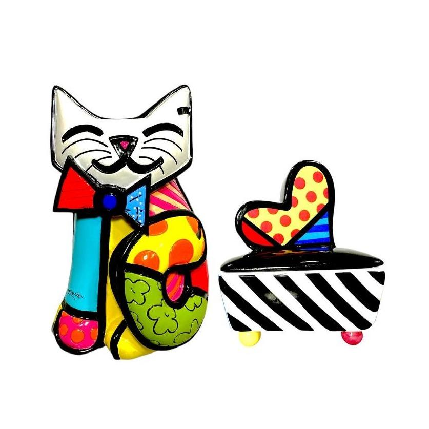 Romero Britto Cat Figure and Trinket Box - 2 Pieces
