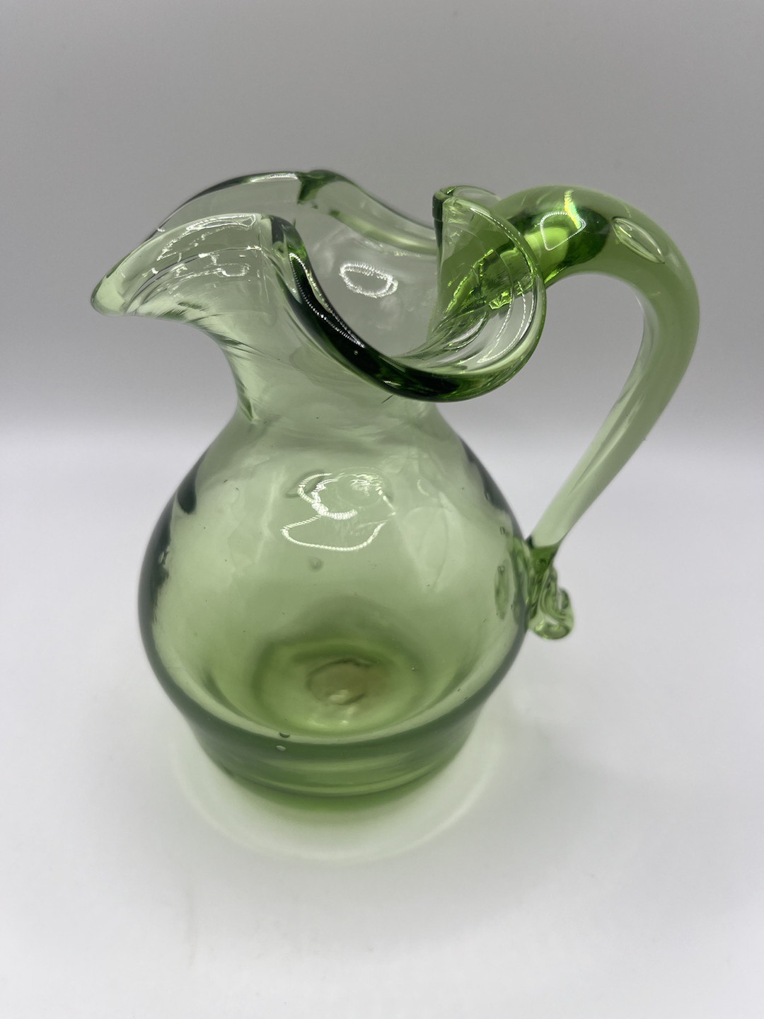 Vintage Hand blown Art Glass Pitcher Applied Handle 5 1/2” Tall