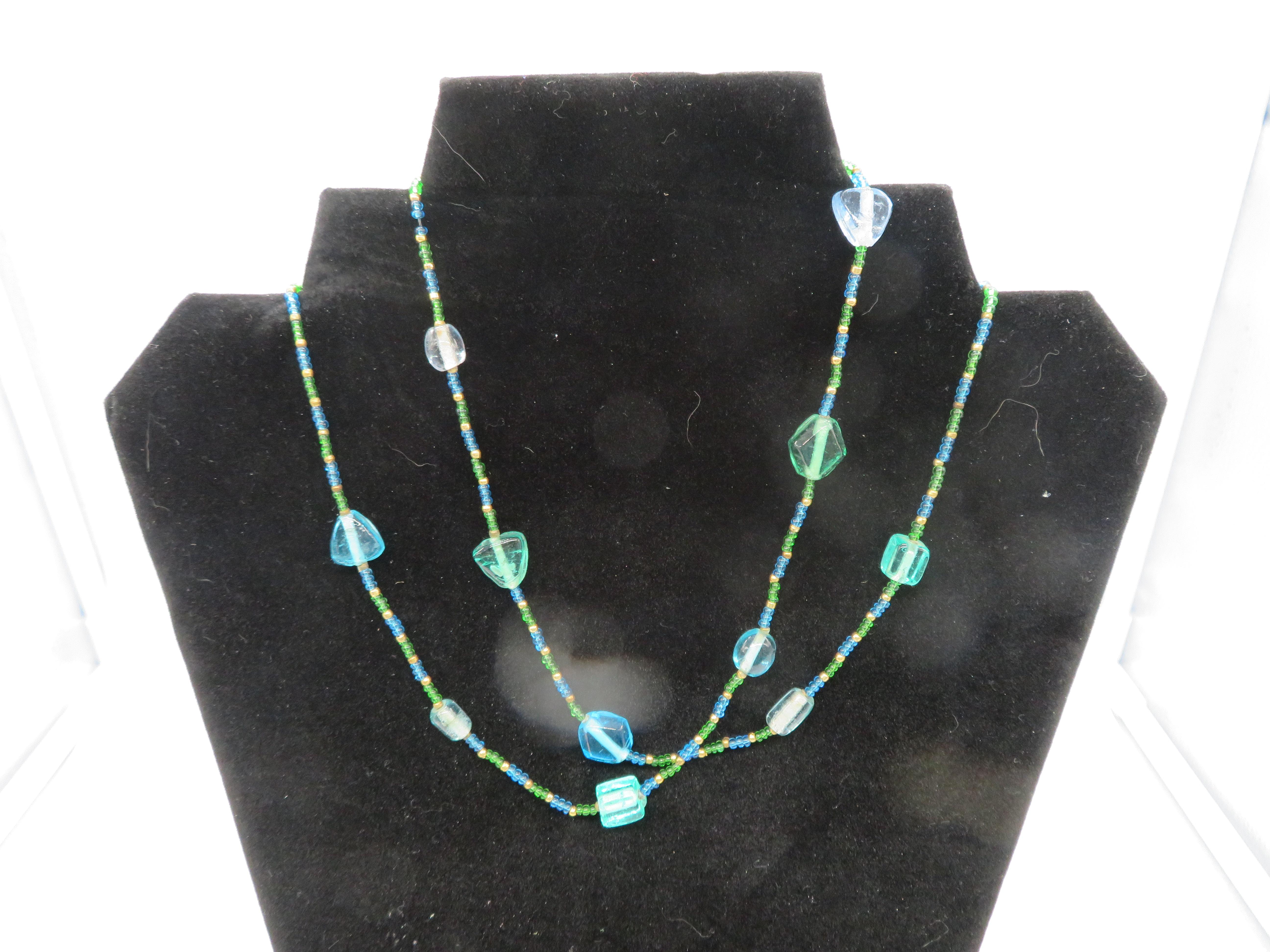 Vintage Napier Glass Bead Single strand necklace Blue Green Beads