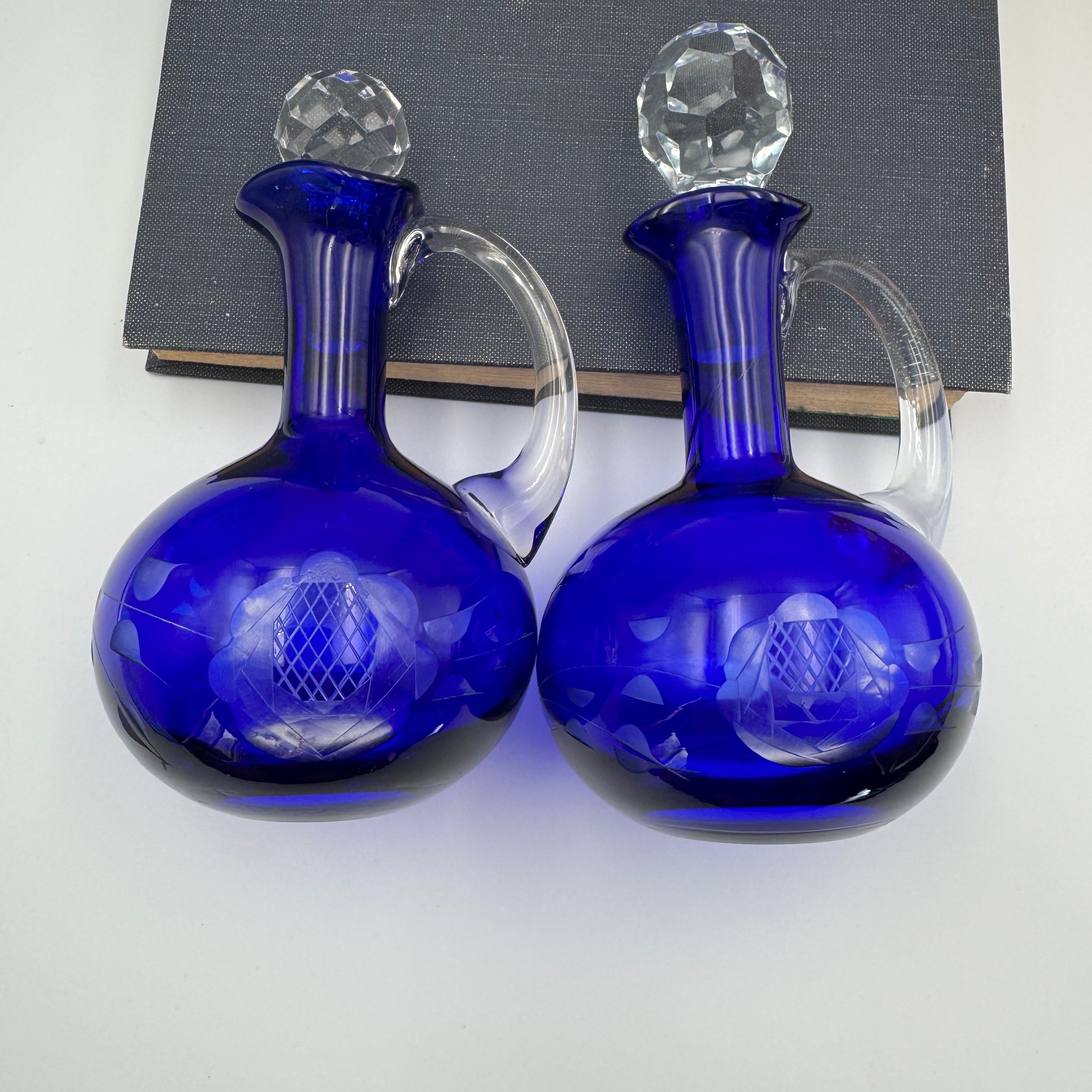 Pair of Cobalt Blue Cut to Clear Bohemian Czech Cruets with Stoppers ...