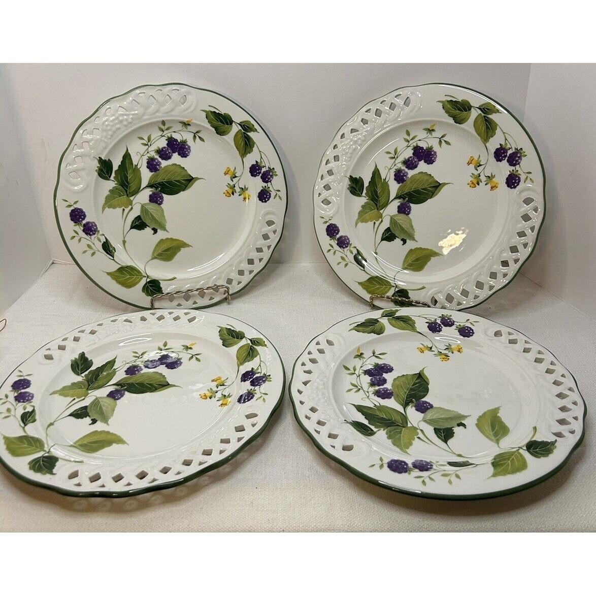Set of Four (4) Brunelli 10.5” Dinner Plates • Blackberries • Pierced ...