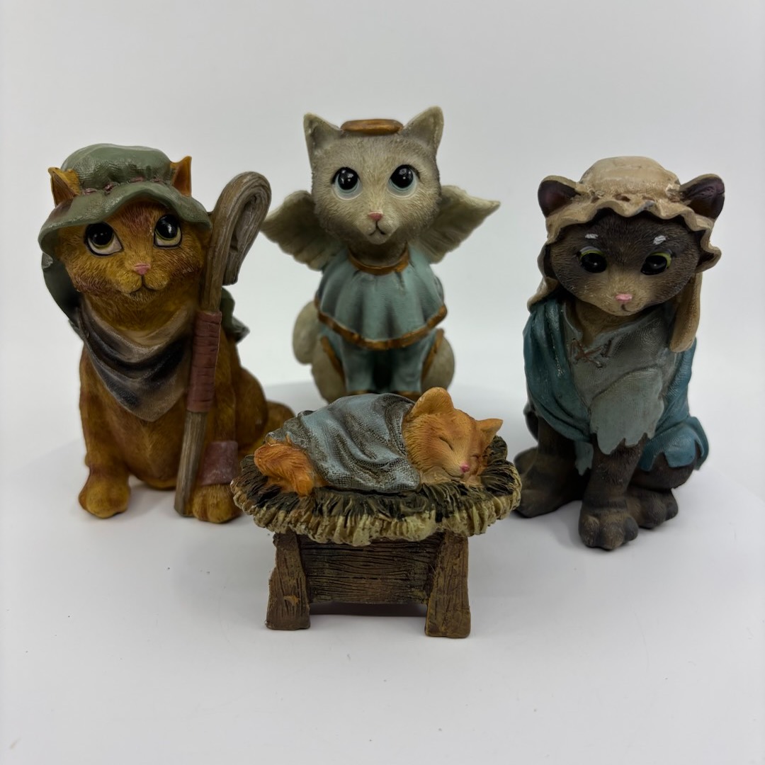 Vintage 8 Piece Resin Cat Nativity Scene 2-4.5”