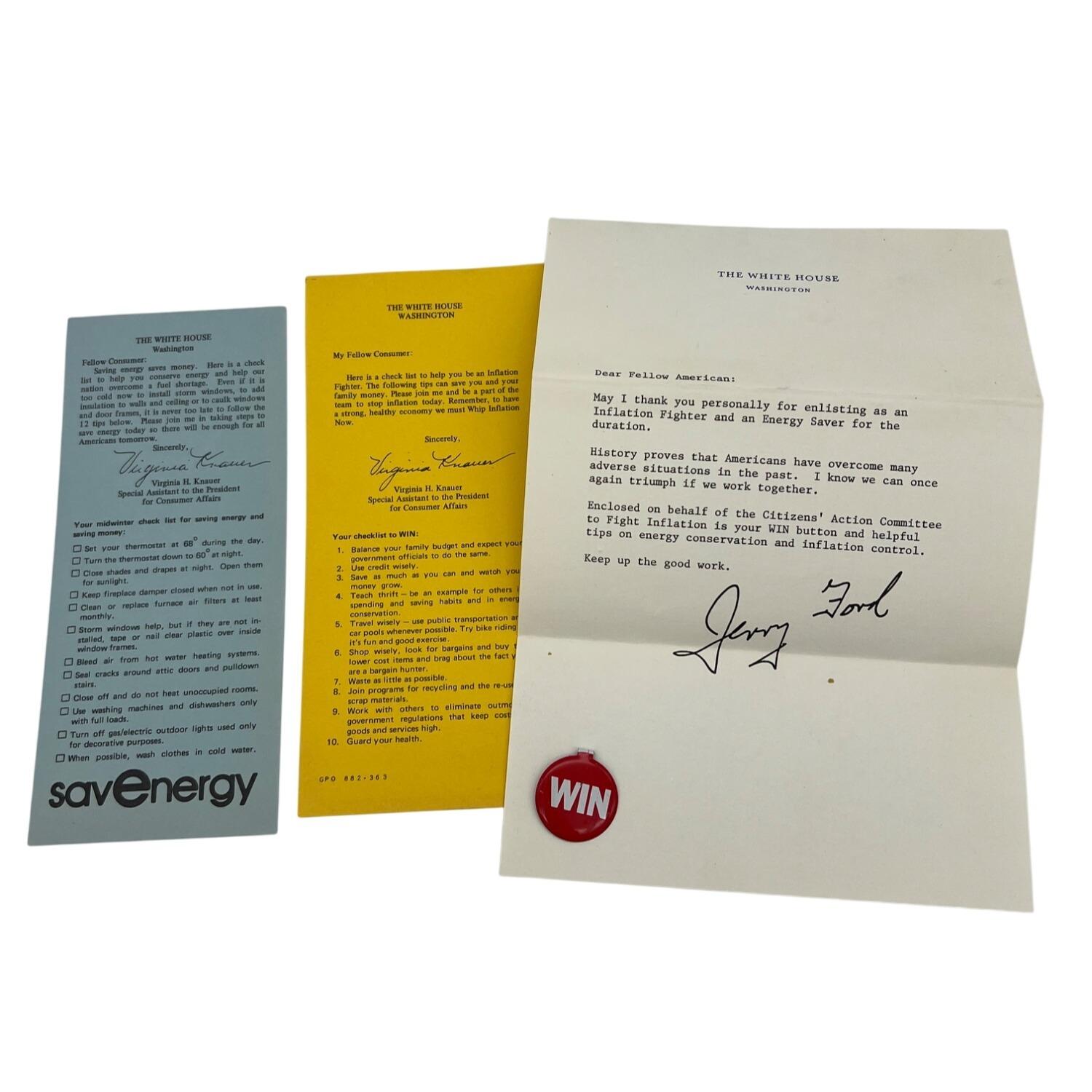 1970s White House Inflation Fighter Set WIN Button & Gerald Ford Letter ...