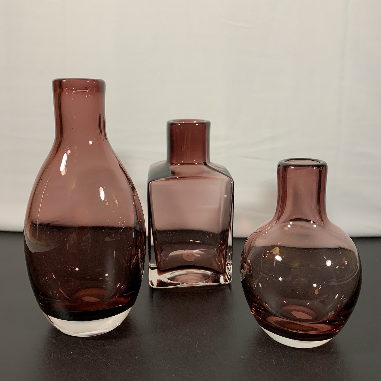35. Lot Of 3 Decorative Dark Amethyst Bud Vases
