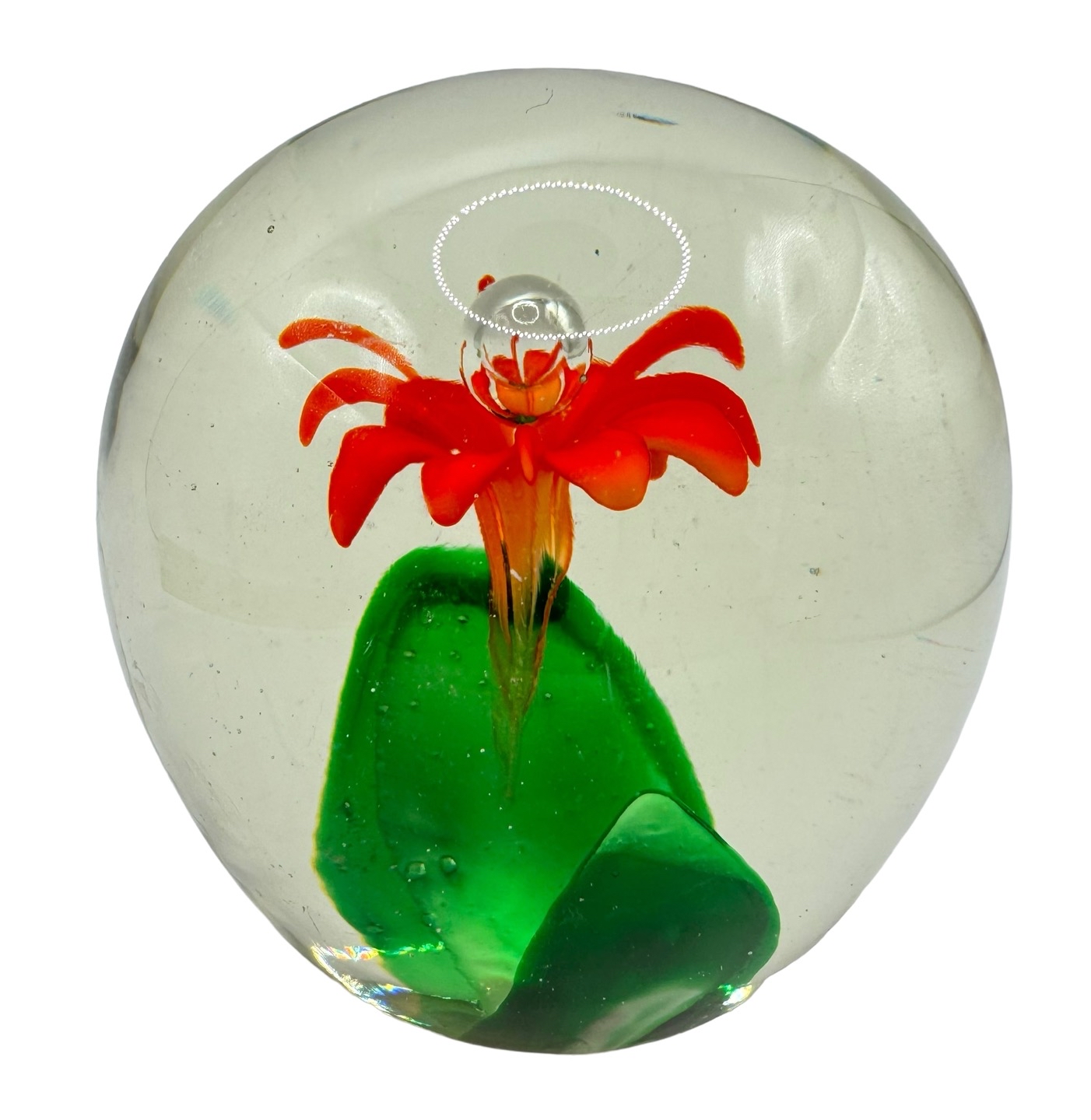 009 Art Glass Flower Paperweight Orange Green Controlled Bubble 3”