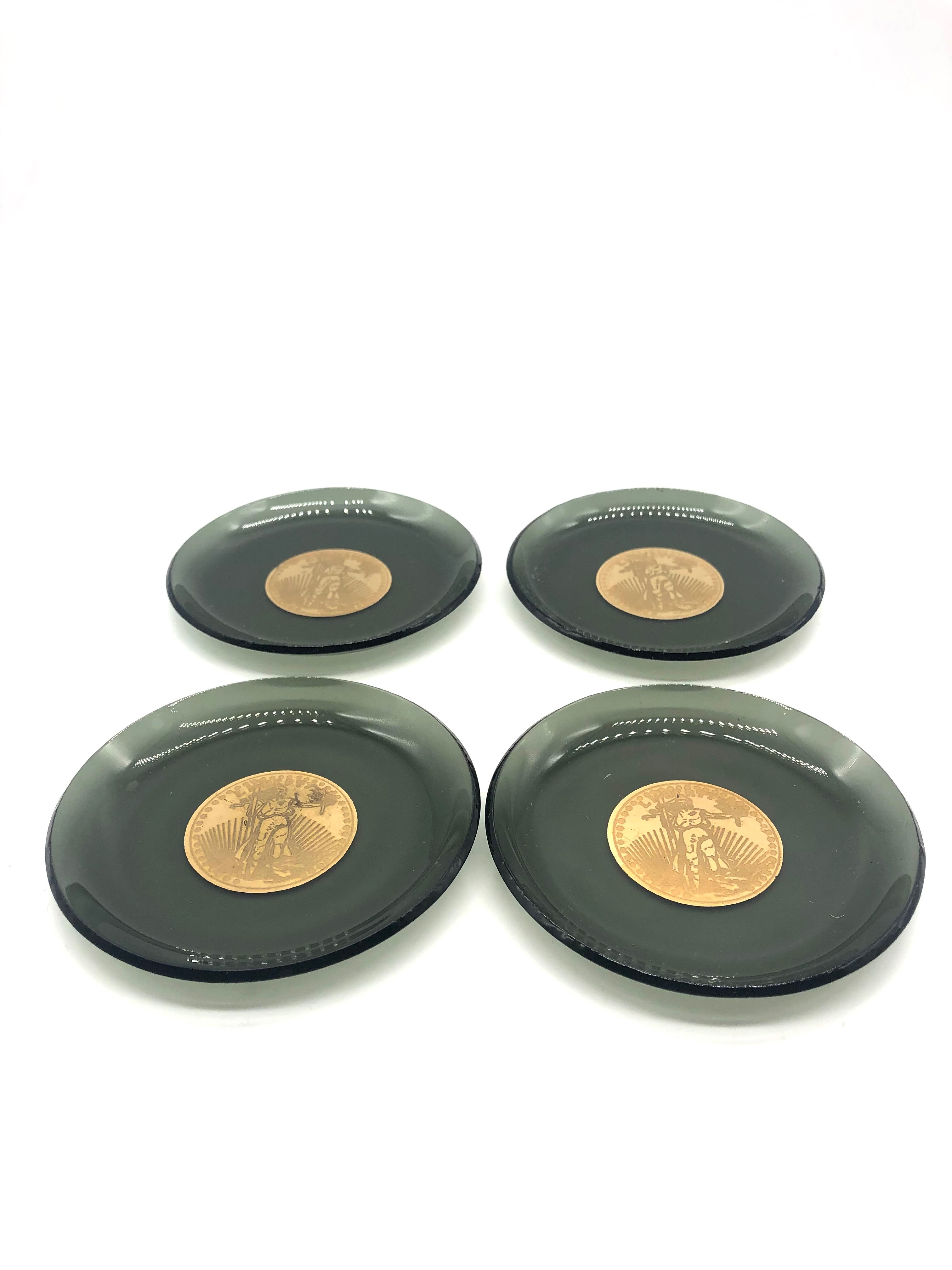 Four Beautiful Smokey Glass Coasters With St. Gauden's Coin Emblems In ...