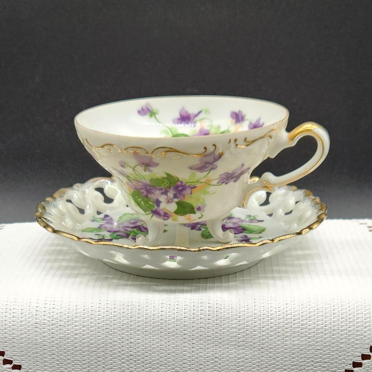 Vtg Shafford Japan Bone China Sweet Violet Footed Cup and Open Lace Saucer