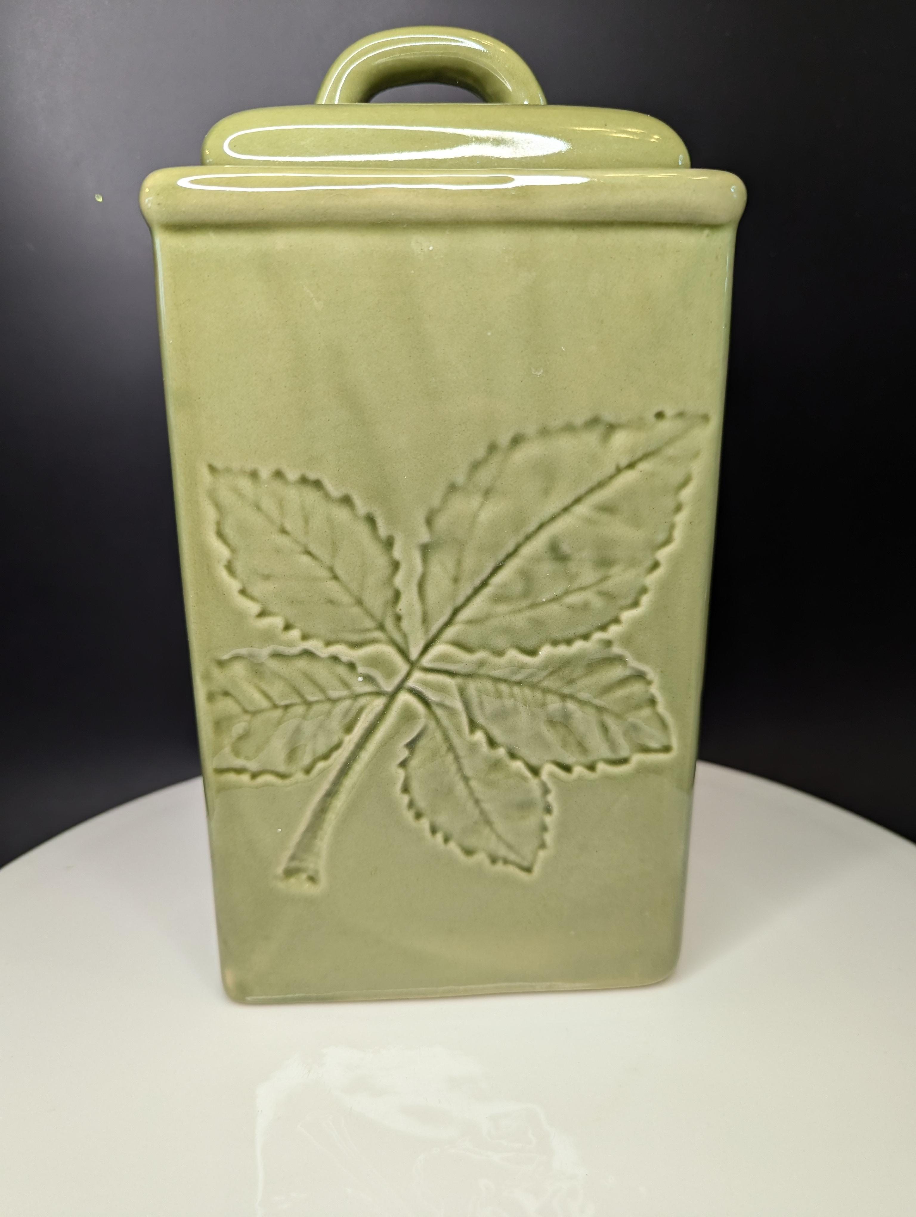 Vintage Green Ceramic Leaf-Embossed Canister, Kitchen Storage Decor