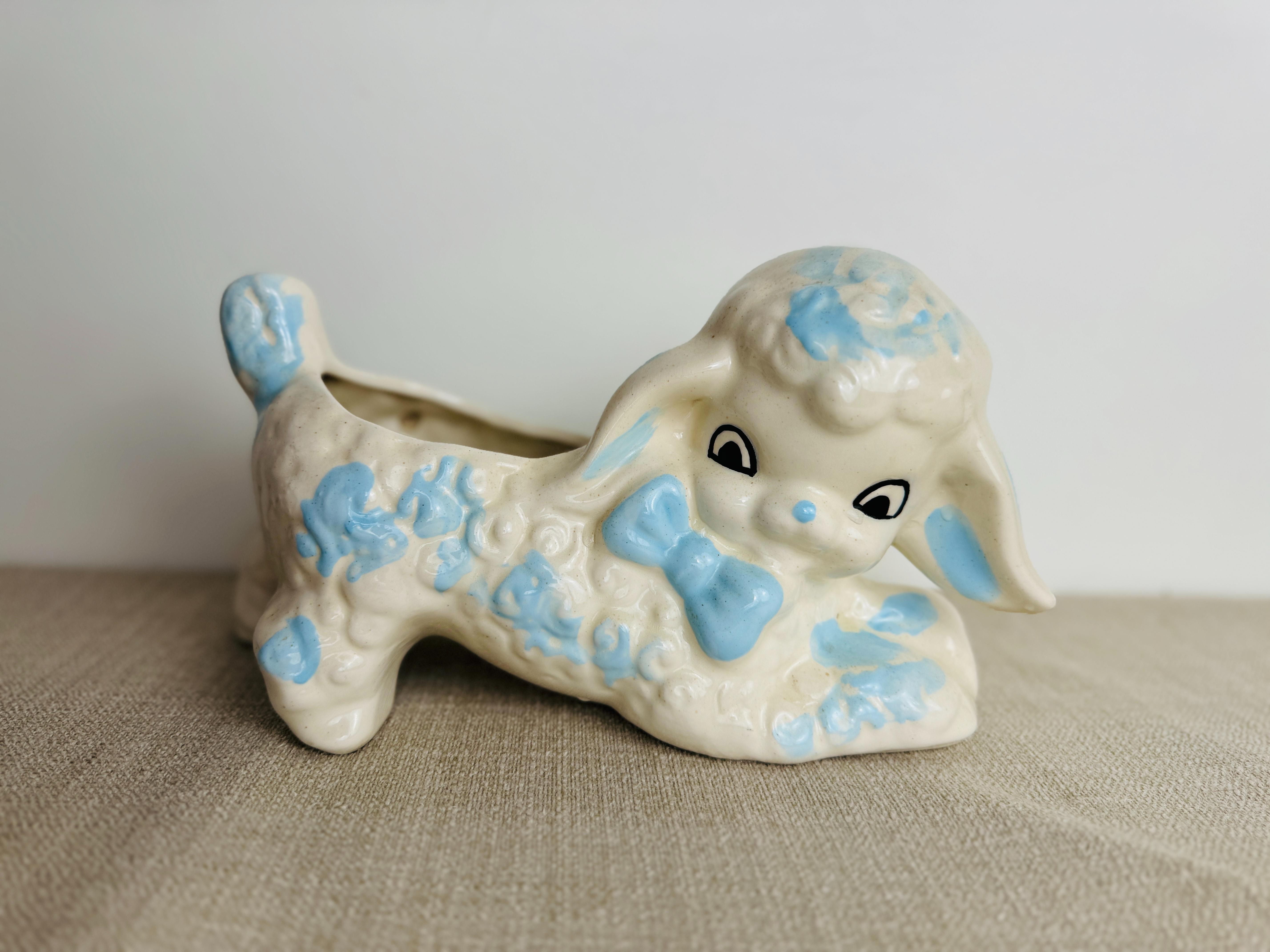Vintage Large Ceramic Lamb Planter with Blue Bow