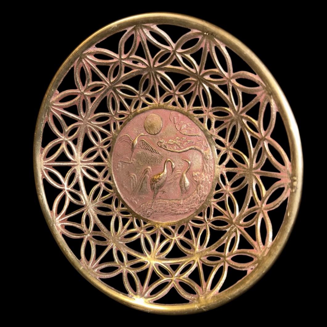 Vintage MCM Brass Centerpiece Bowl w/gold Filigree design with Cranes