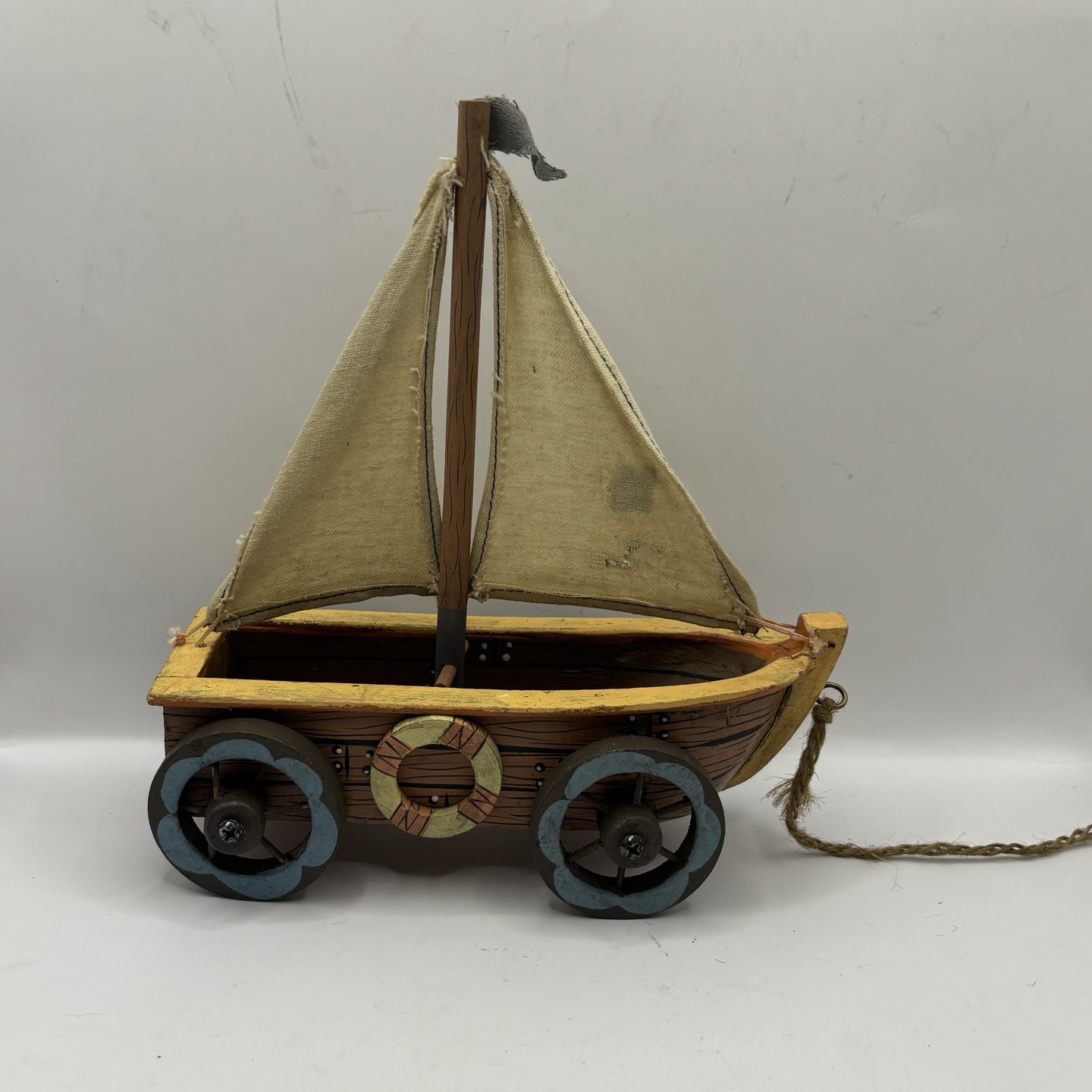 Vintage Hand Made Hand Painted Wood Sail Boat With Cloth Sail