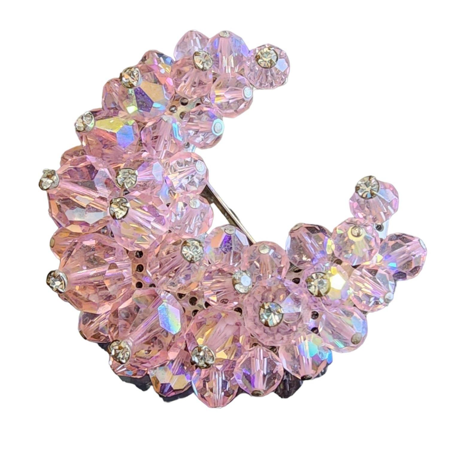 Vintage Beautiful Rhinestone Crystal Hand Wired Crescent Brooch