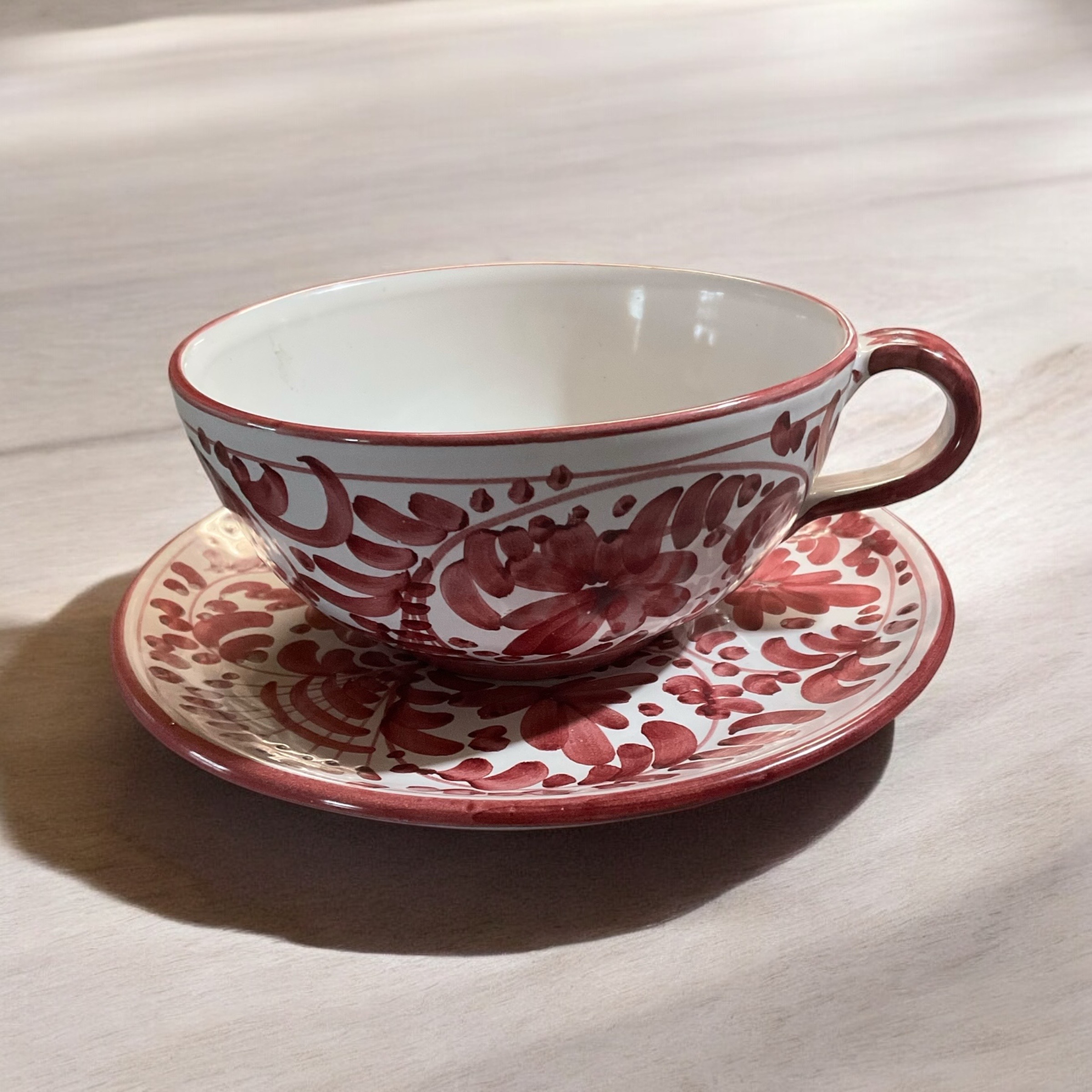 Large Handpainted Red and White Italian Soup Bowl and Saucer