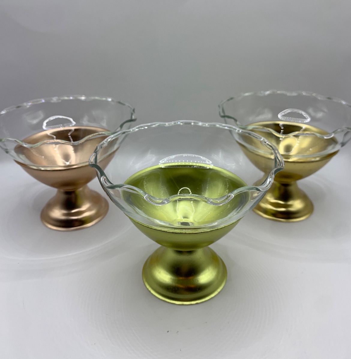 3 MCM Heller Hostess Ware Multicolor Aluminum And Glass Dessert Bowls