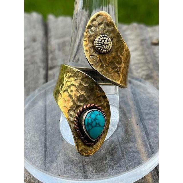 Vintage Brass Faux Turquoise Adjustable Ring