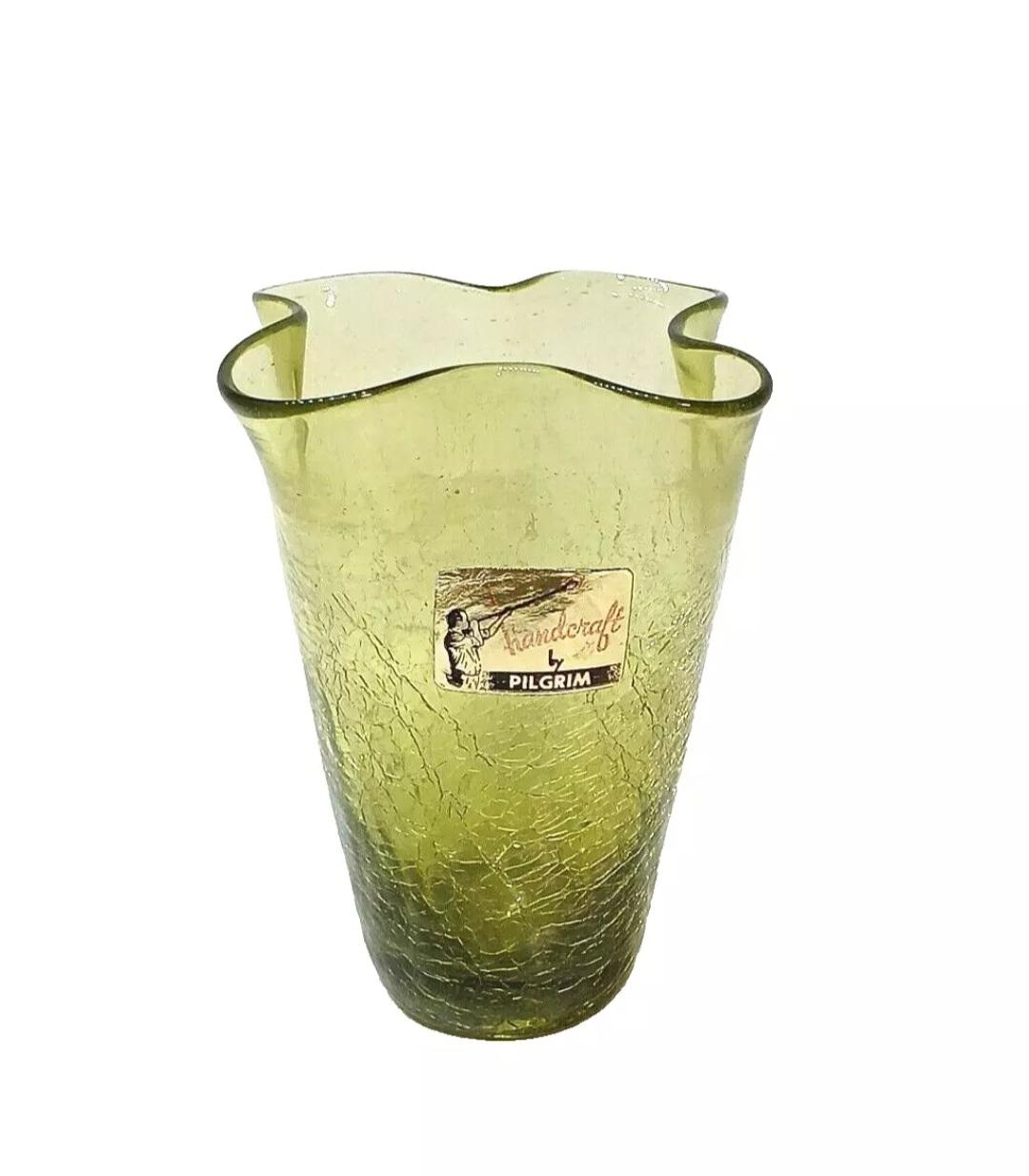 Pilgrim Glass Green Ruffled Crackle Glass Vase W/ Original Tag 4½" Vintage