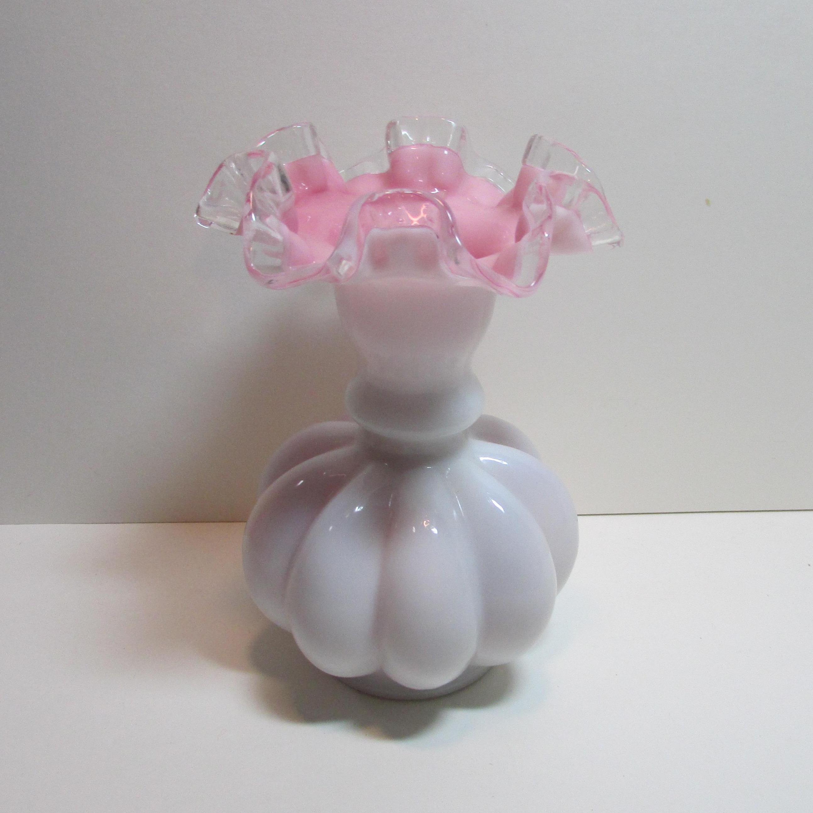 vintage Fenton pink white Peach Crest melon vase with ruffled crimp ...