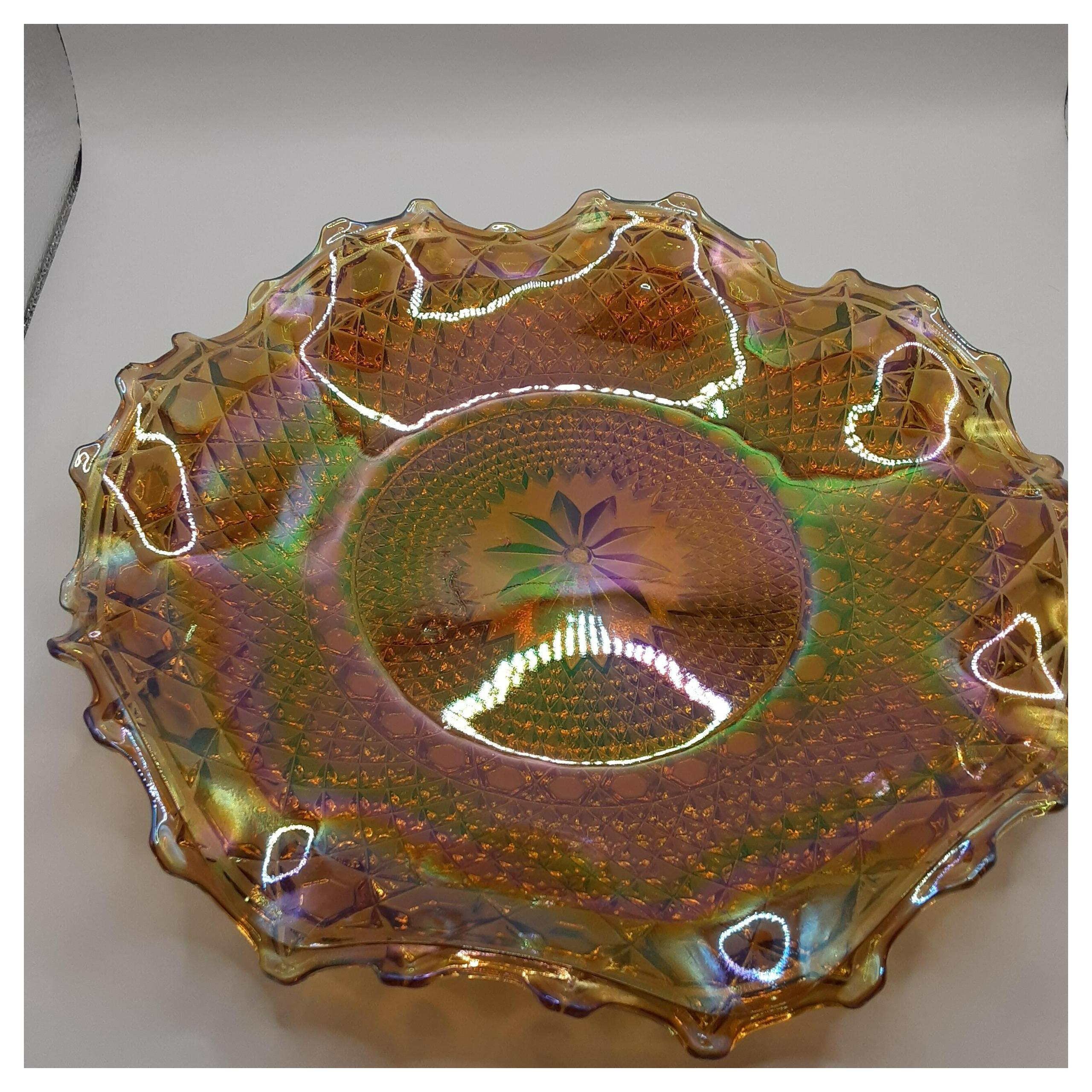 Indiana Glass Marigold Carnival Glass Plate, Ruffled Edge