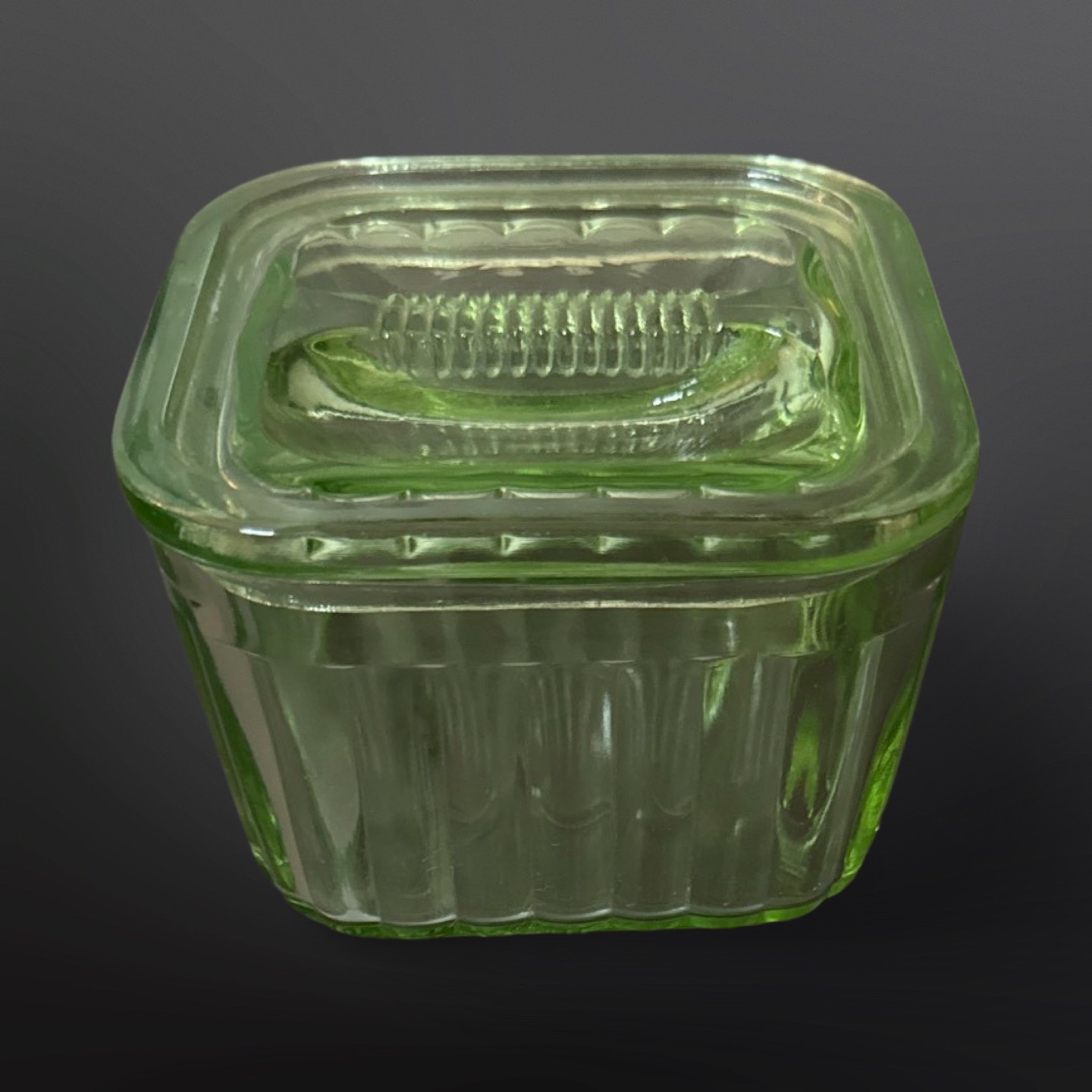 Green Depression Glass Refrigerator Dish W/Lid UV Glows Circa 1930s
