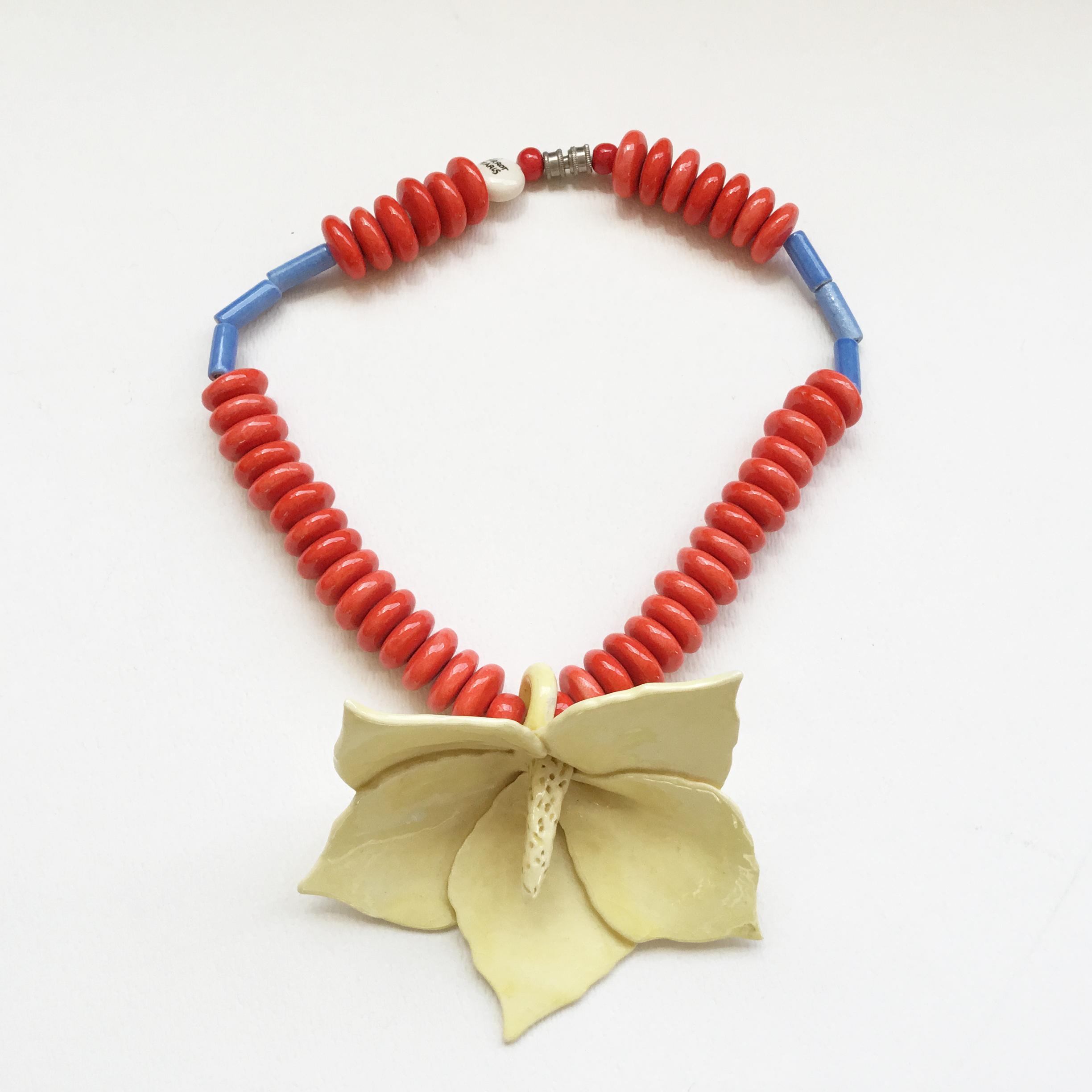 Vintage Parrot Pearls Ceramic Yellow Flower Floral Red & Blue Necklace ...