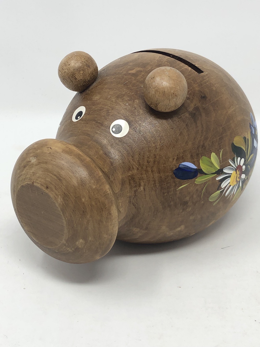 Hand Painted Wooden Pig Bank with Leather Tail and Plastic Stopper