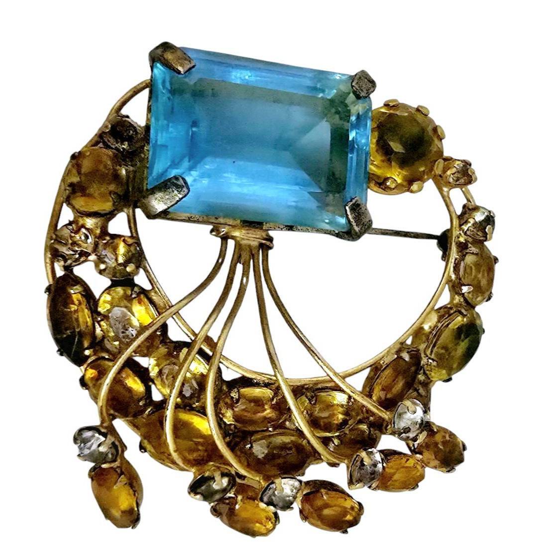 Rare Signed Fred A Block Amazing Wired Brooch With Huge Faceted Glass Stone
