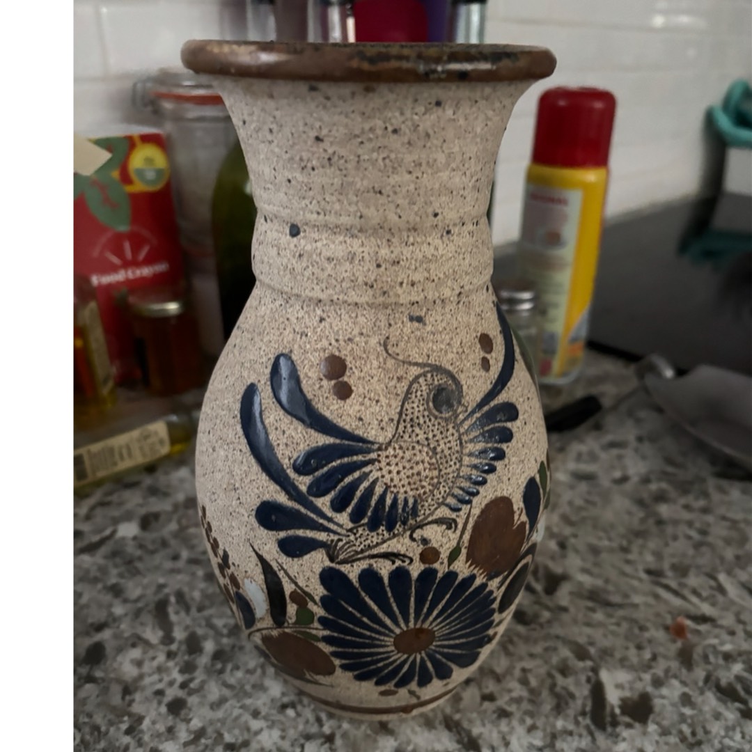 Tonala Vase, Signed J. Mora, Mexico, blue bird and floral motif
