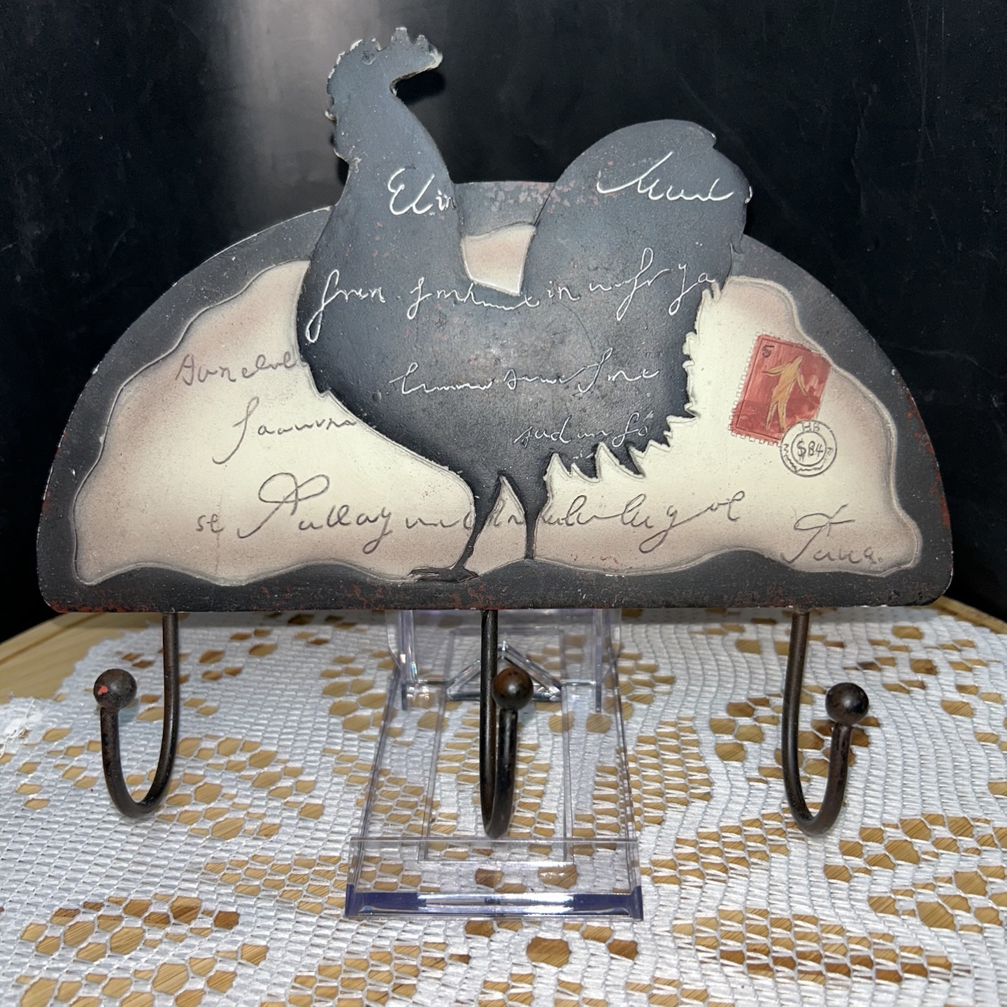 Rooster Silhouette With Cursive Writing And 3 Hooks