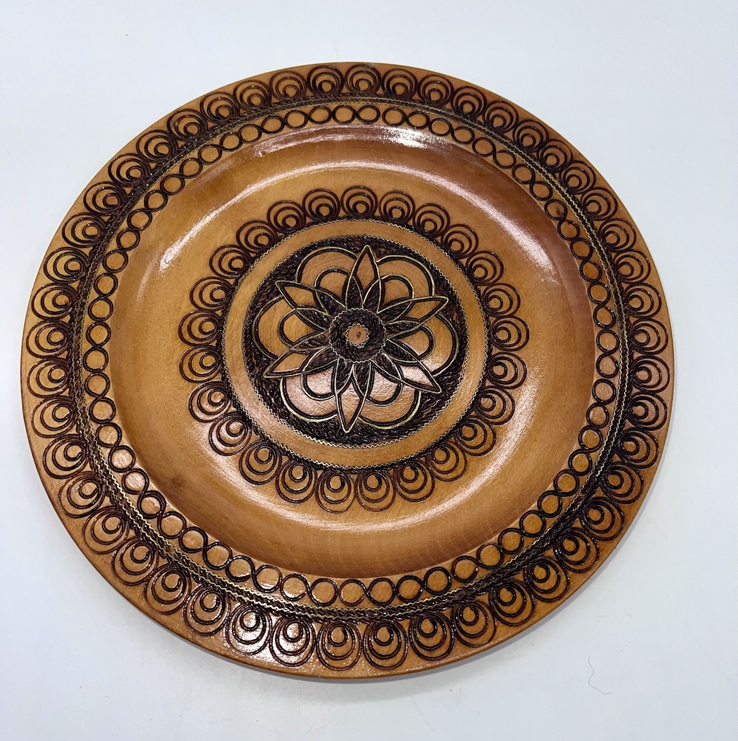 Vintage Polish Carved Wooden Plate Pyrography 8 3/4”