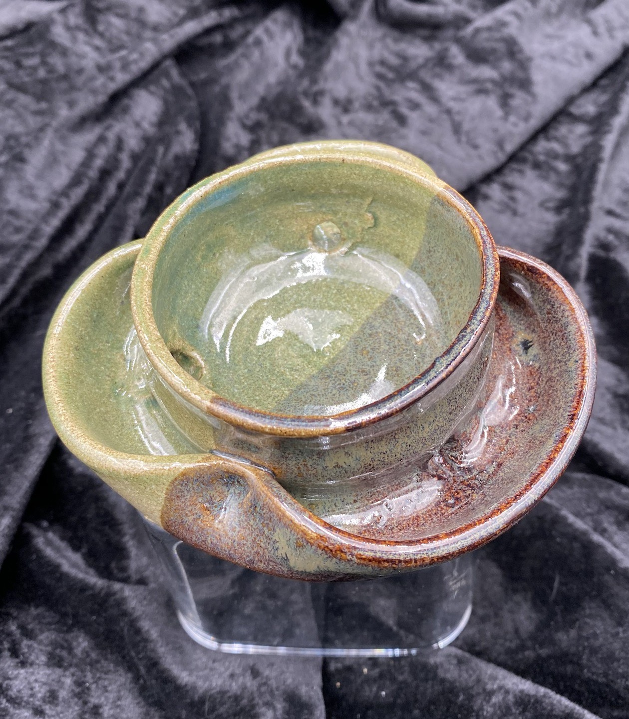 Small Studio Pottery Bowl, Signed, Planter w/Pinched & Attached Underplate