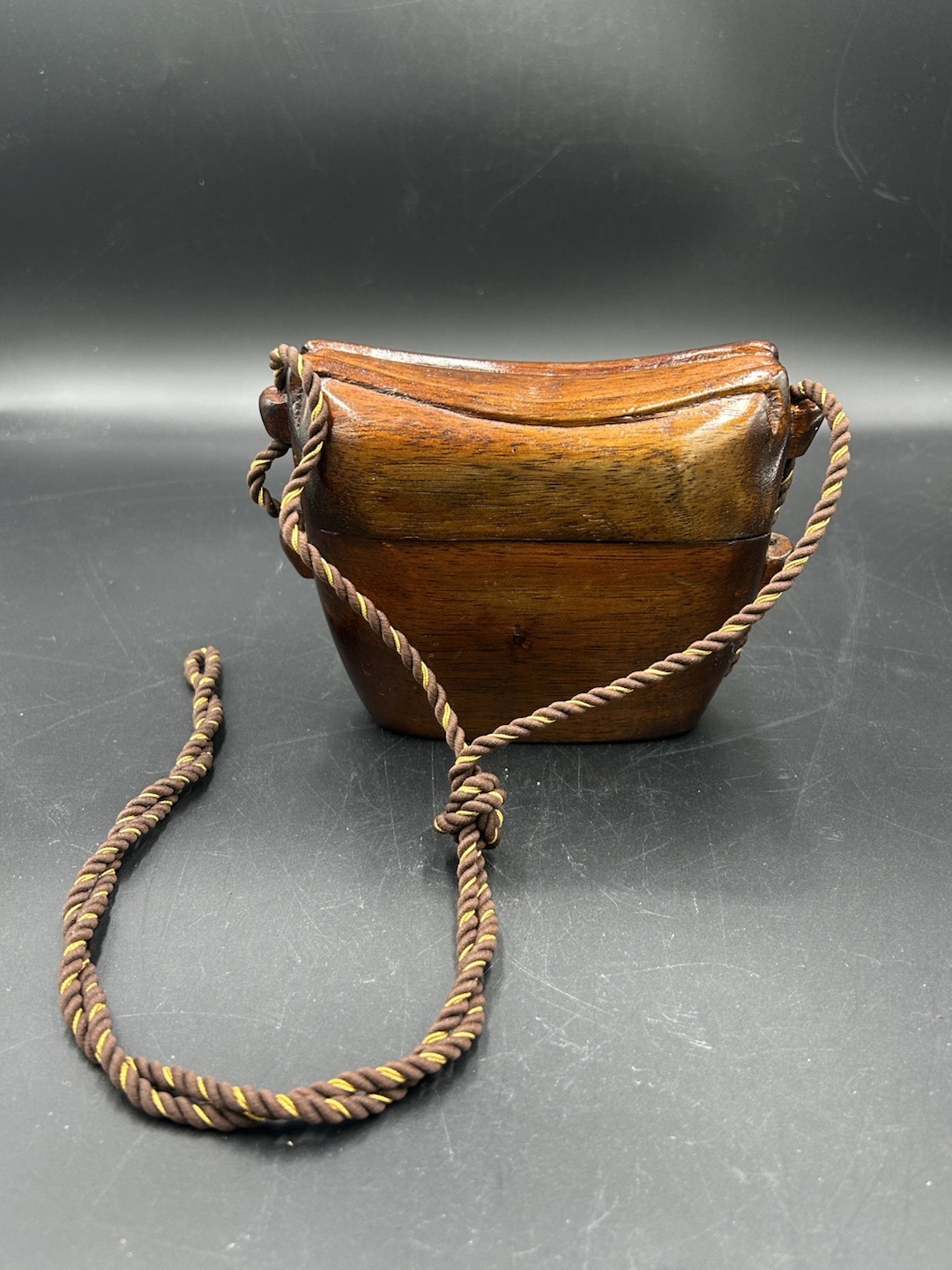 Vintage Wood Box Purse With Satin Brown &b Gold Cord Strap